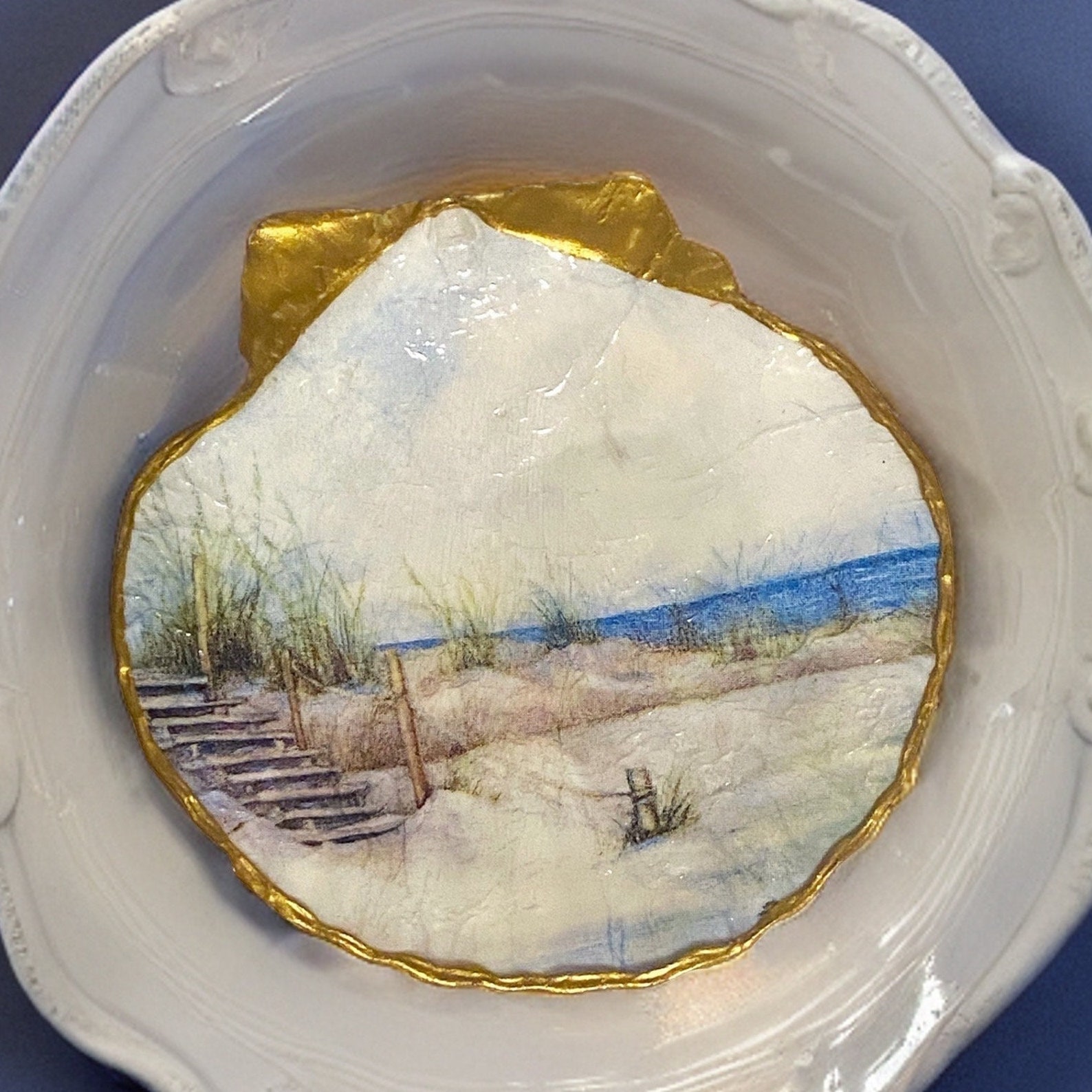 Decoupage Beach Scene Sea Shell Trinket Dish, Scallop Shell Ring Bowl ...