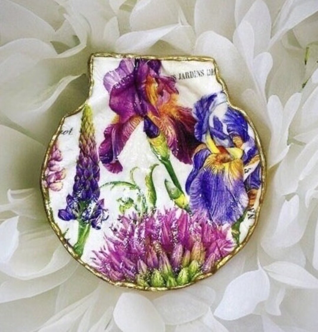 Decoupage Scallop Shell Trinket Dish: Floral Print Handmade Seashell - Etsy