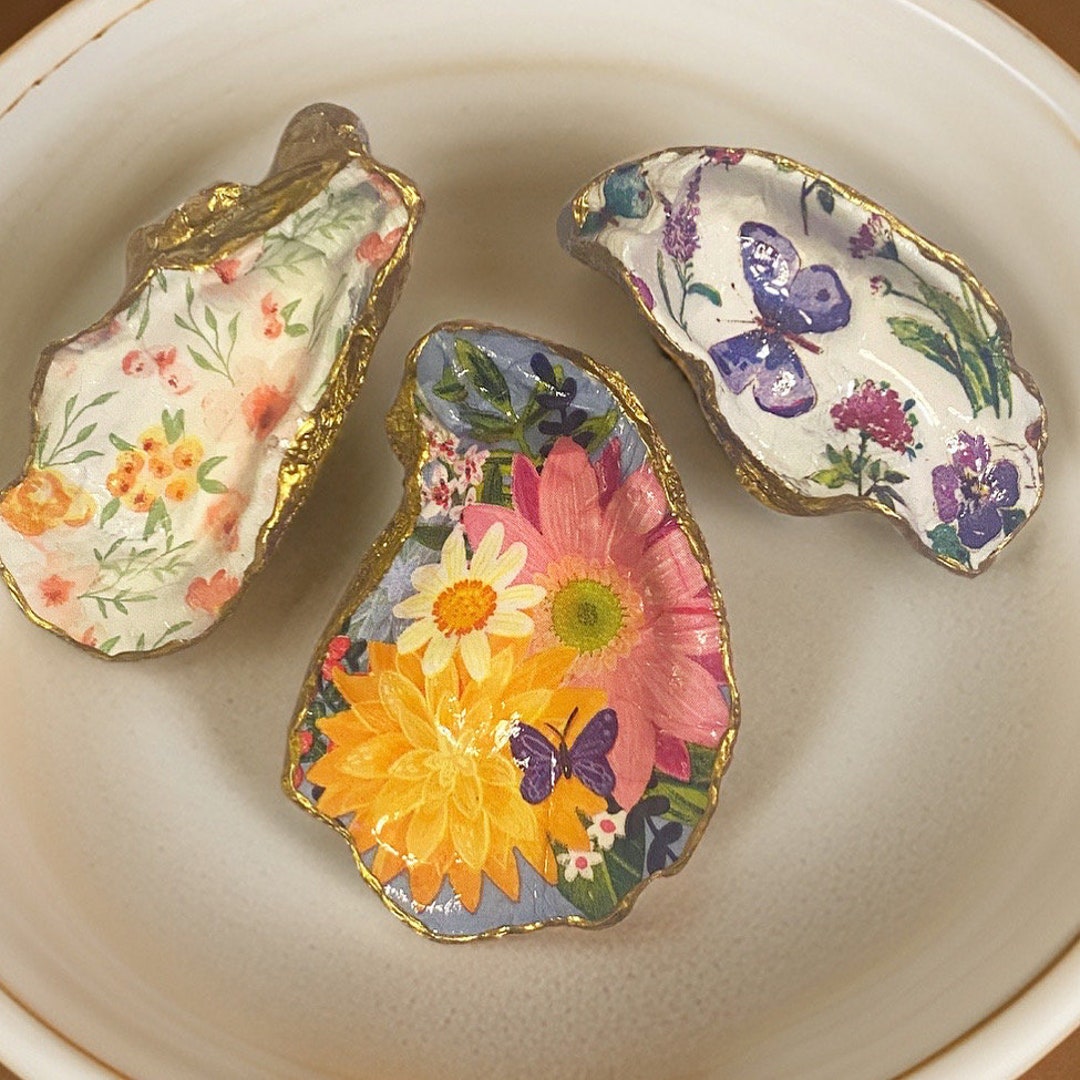 Oyster Shell Ring Dish, Spring Floral Print Trinket Dish, Decoupage ...