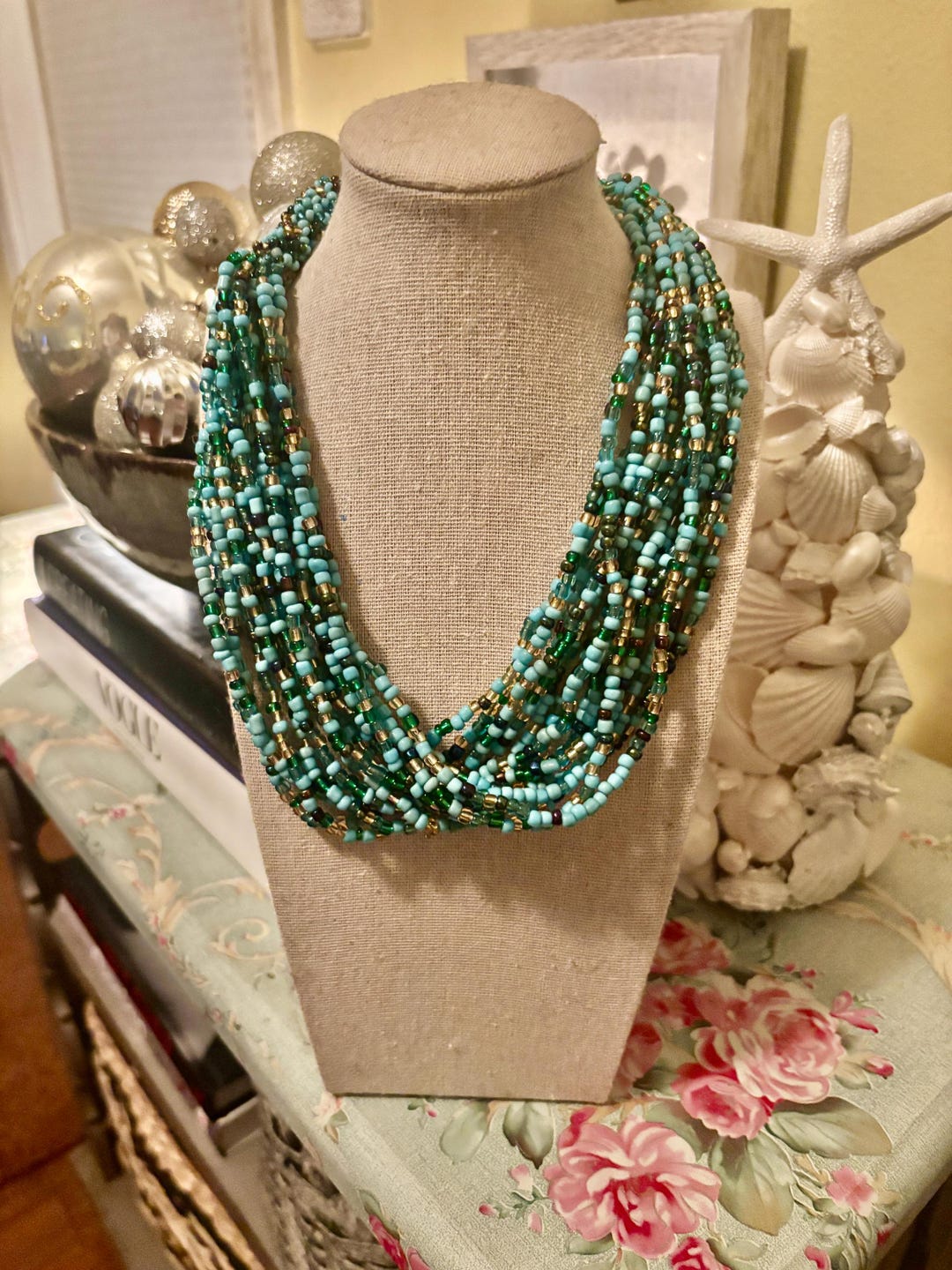 Turquoise Chunky Beaded Necklace, Beach Inspired Shell Jewelry, Unique ...