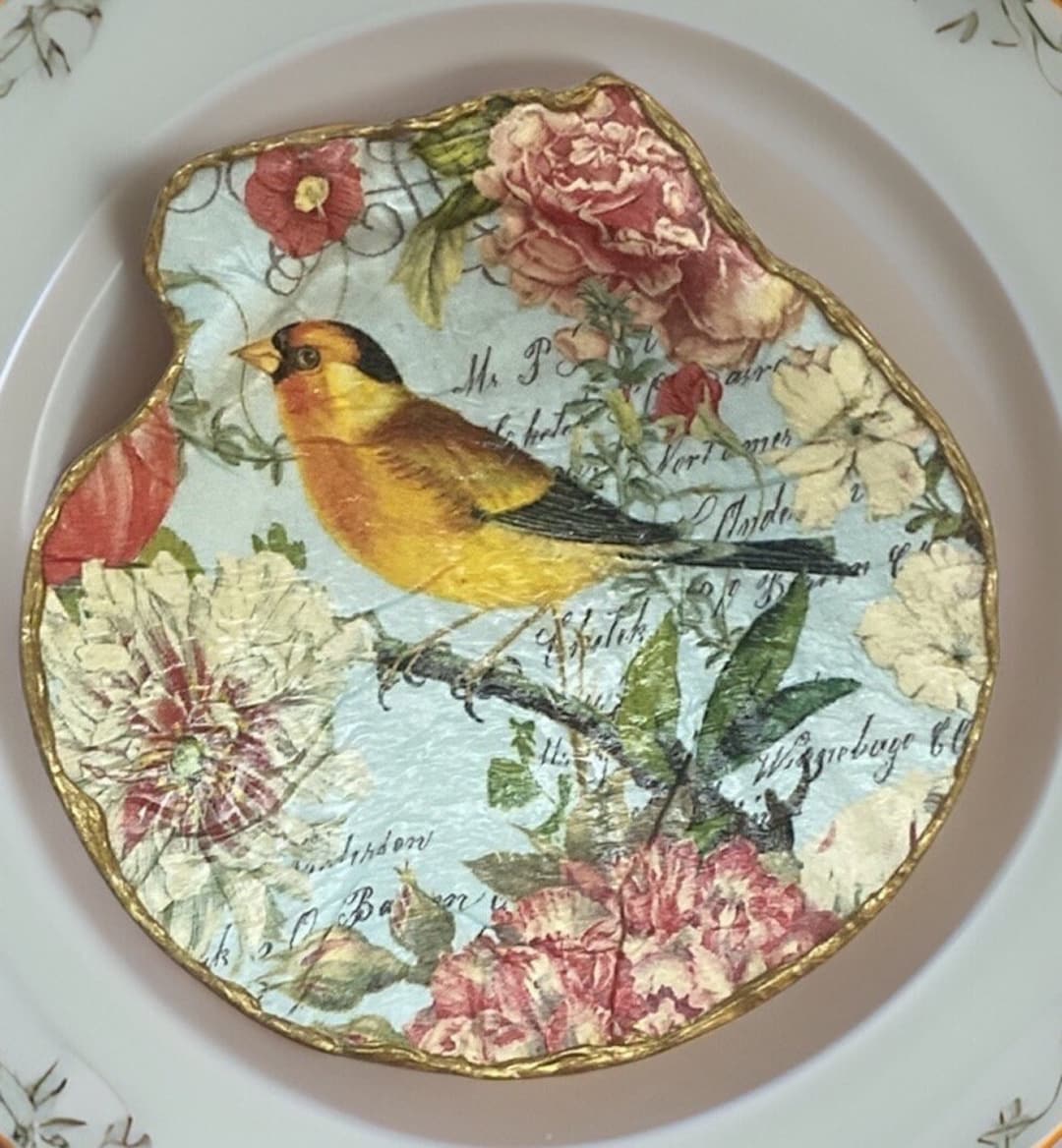 Decoupage Scallop Shell in Yellow Bird Print, Ornament Trinket Ring ...