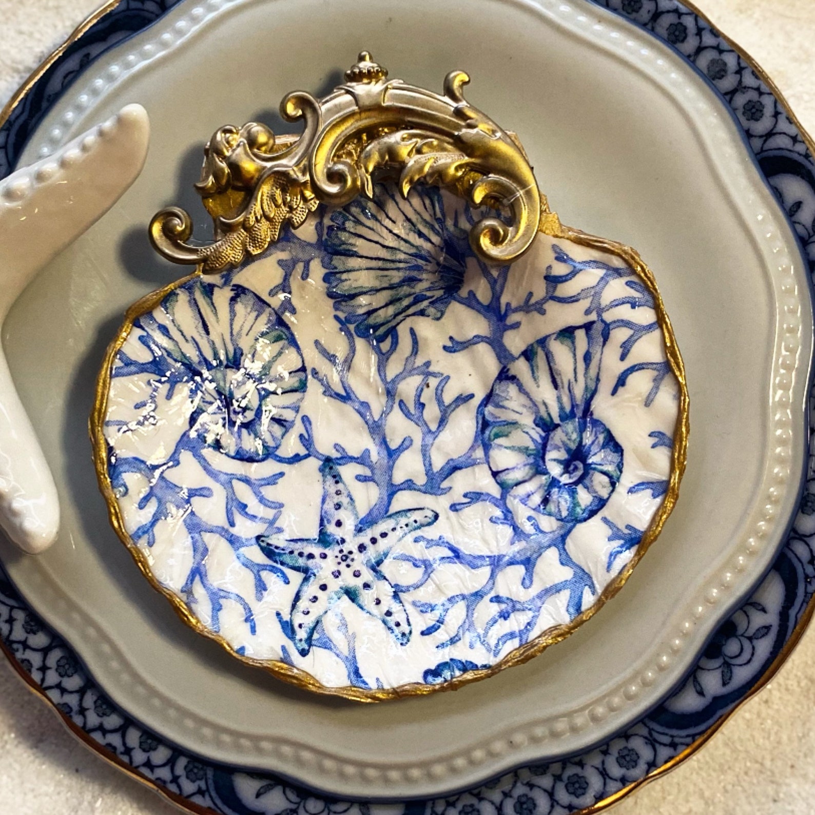Scallop Shell Trinket Dish Decoupage Sea Shell Ring Dish - Etsy