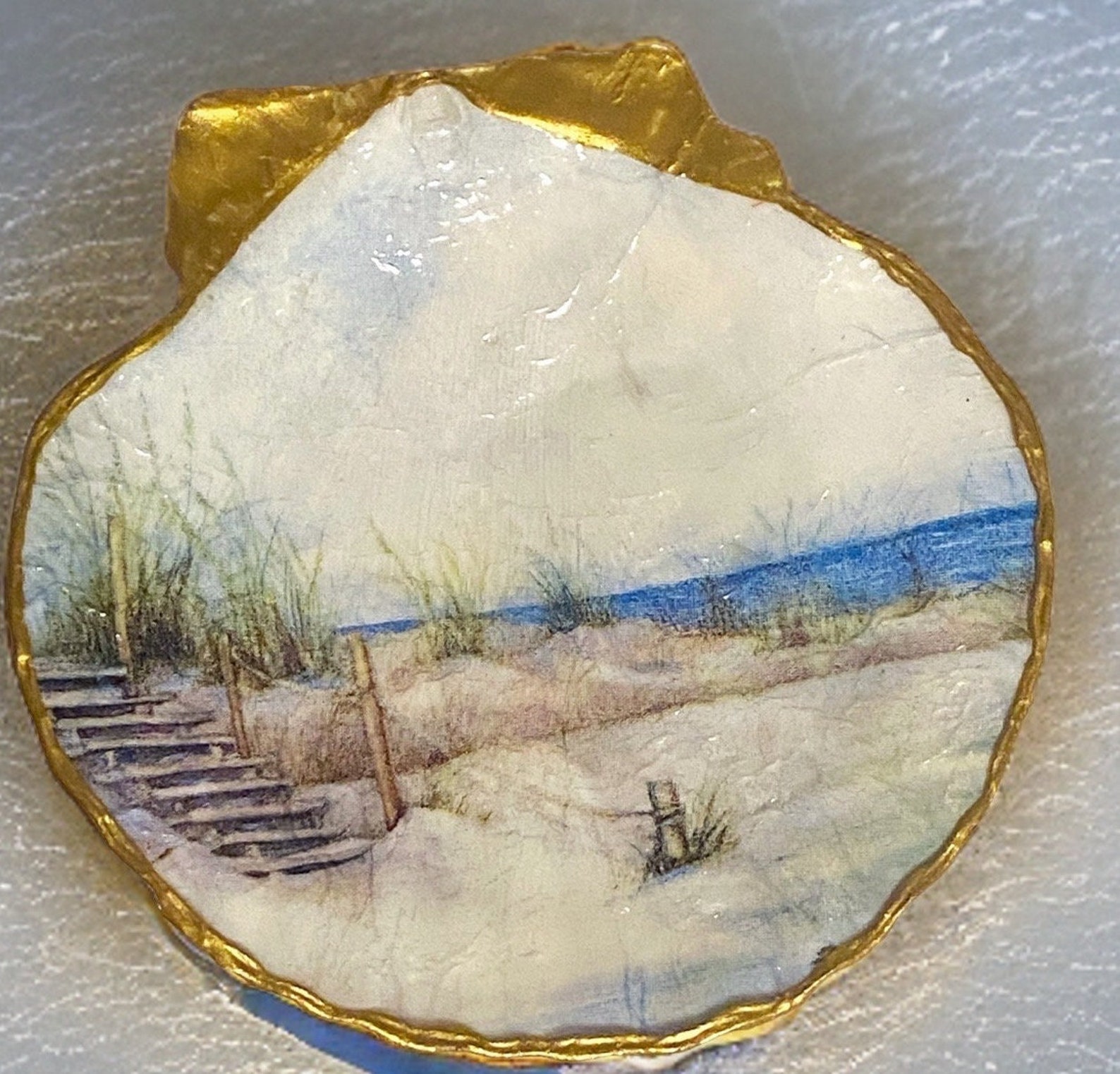 Decoupage Beach Scene Sea Shell Trinket Dish, Scallop Shell Ring Bowl ...