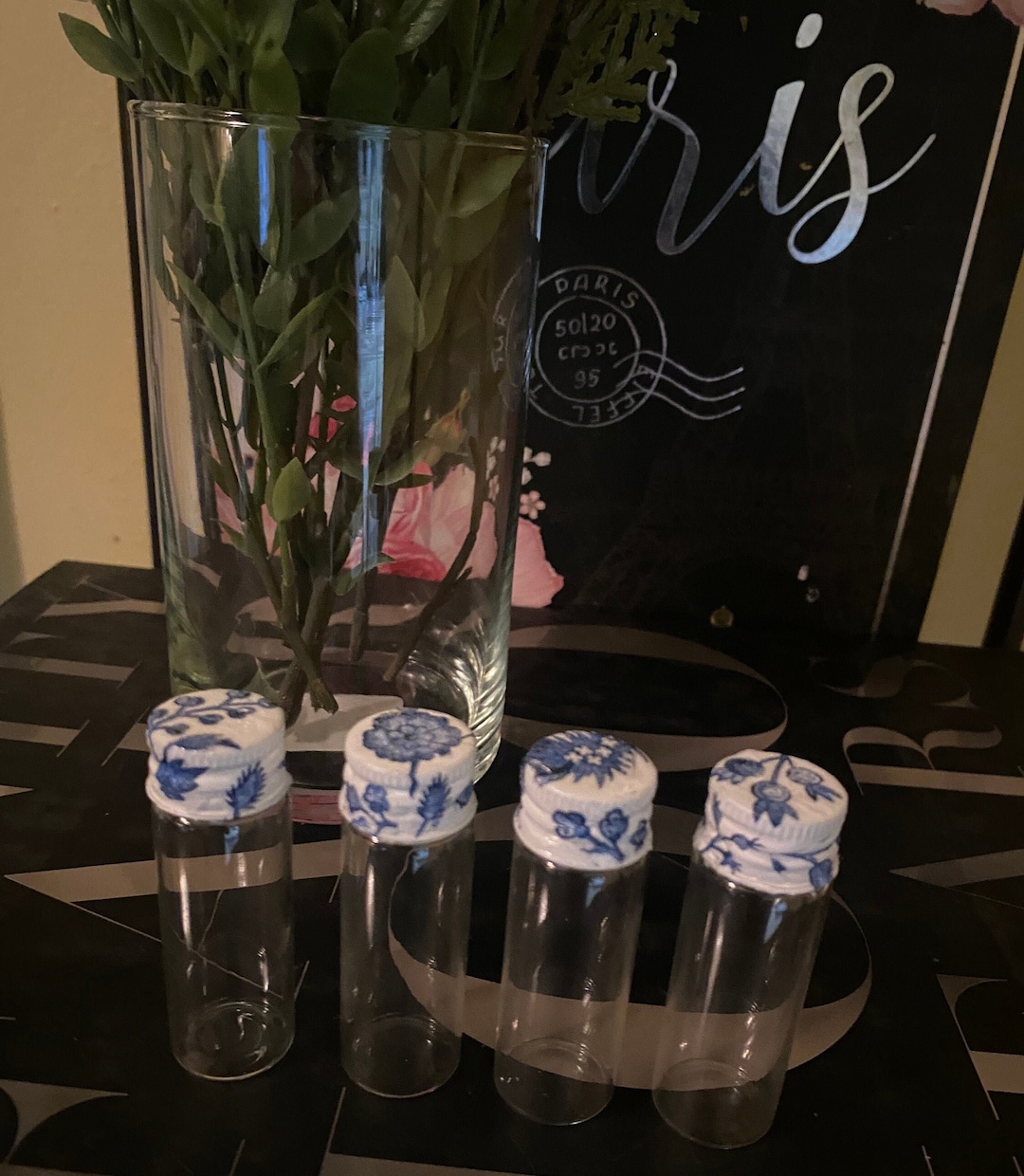 Chinoiserie Top Mini Glass Containers, Four Small Glass Containers With ...