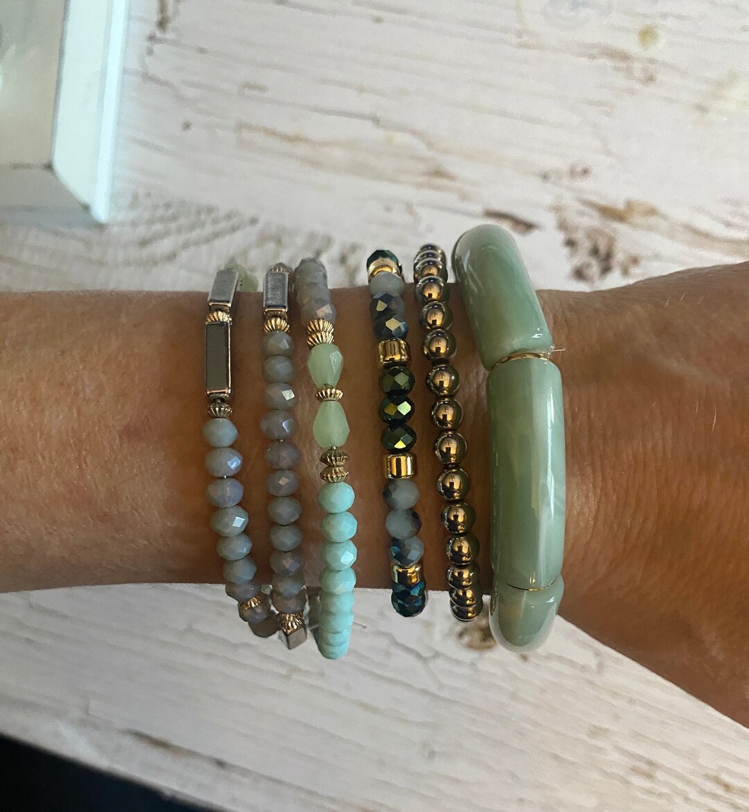 Beaded Bracelet Stack With Gold Accents, Neutral and Turqoise Blue Layering Wristlet Strands ...