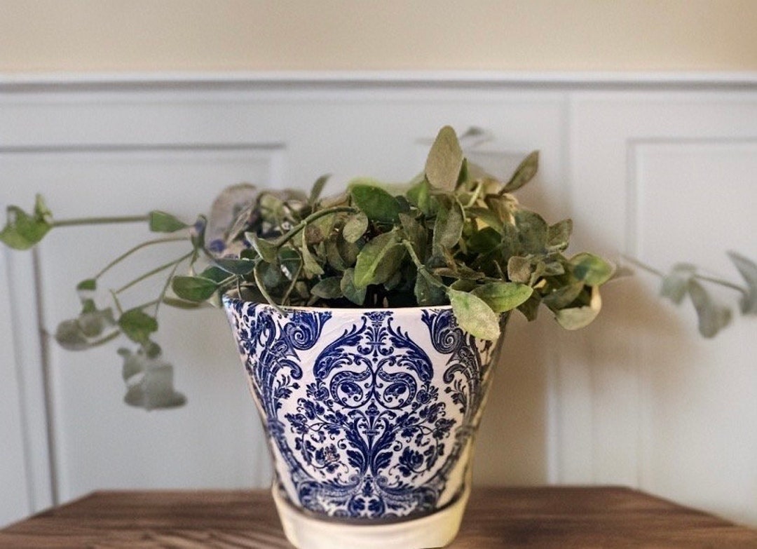 Decoupage Blue and White Flower Pot, Handmade Indoor Planter, Indoor ...