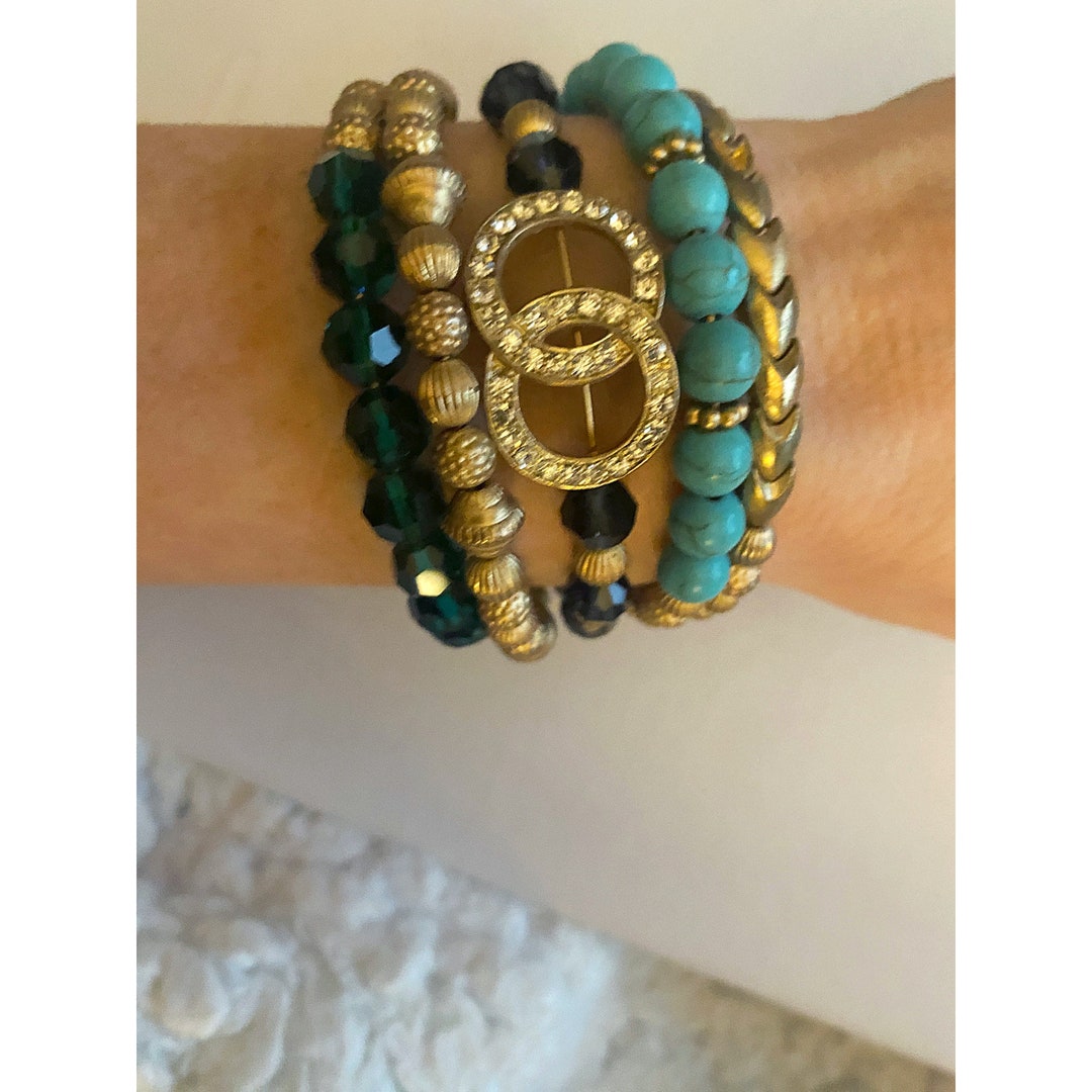 Turquoise Bracelet Stack, Beaded Wire Wrap, Stacking Bead Bracelet Set, 5 Layering Bracelets ...