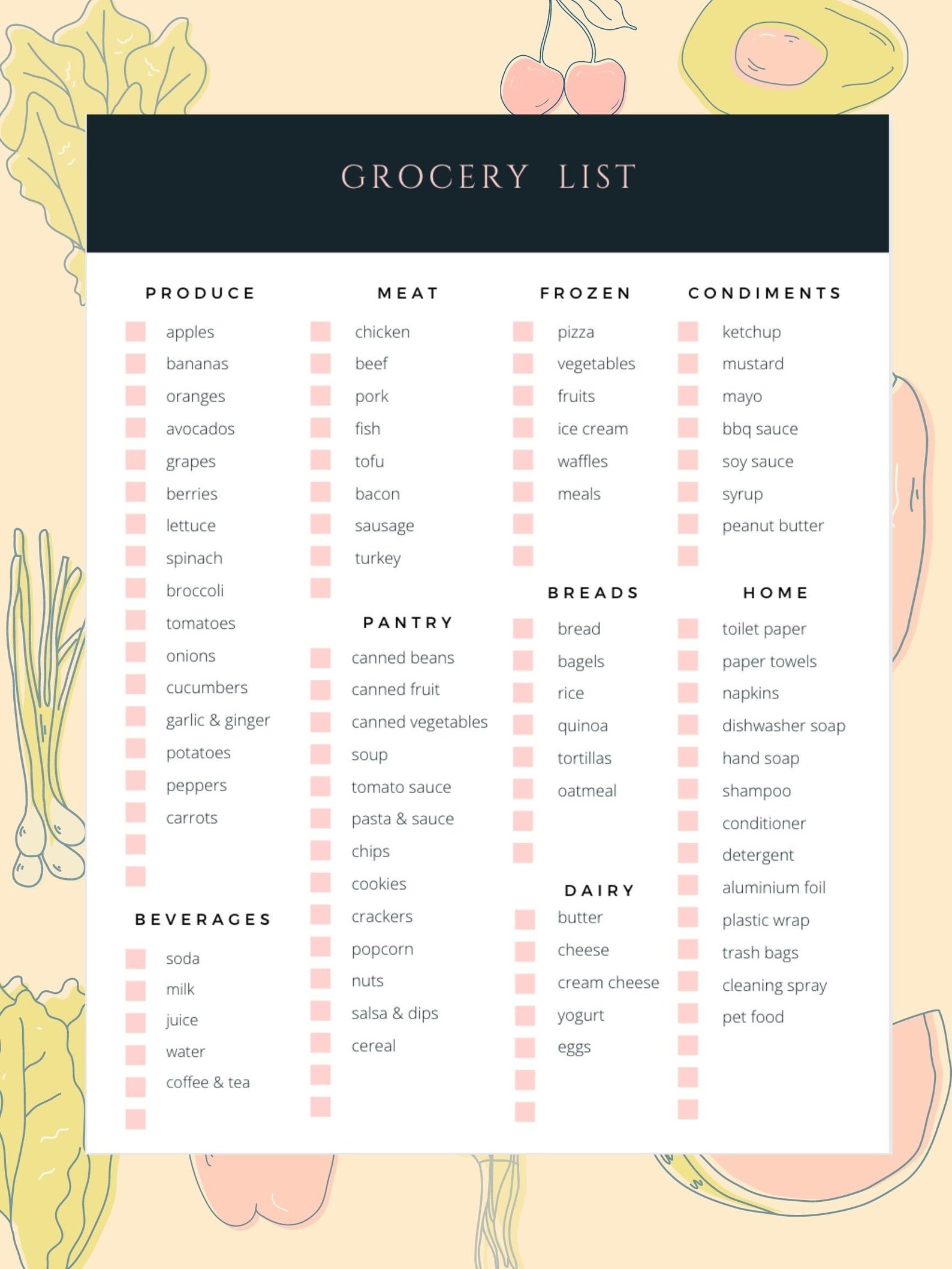Grocery List Checklist // Pre-filled // Blanks for Personalization ...