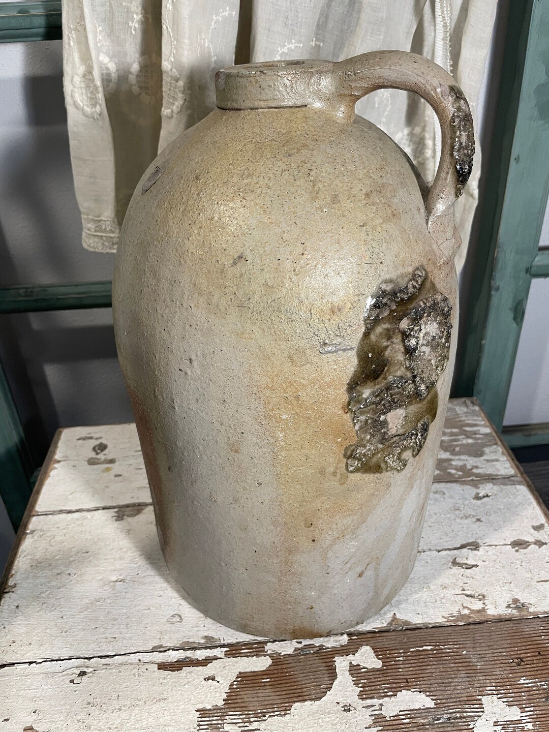 Antique Salt Glazed Early Primitive Stoneware Jug With Strap Handle 14. ...