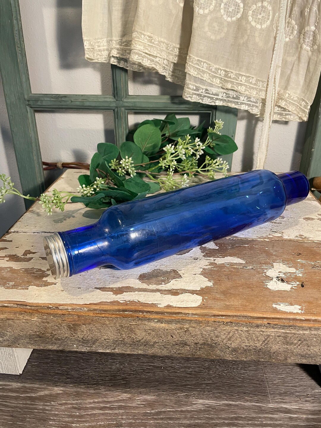 Vintage Cobalt Blue Glass Hollow Rolling Pin With Metal Screw on Cap 13 ...