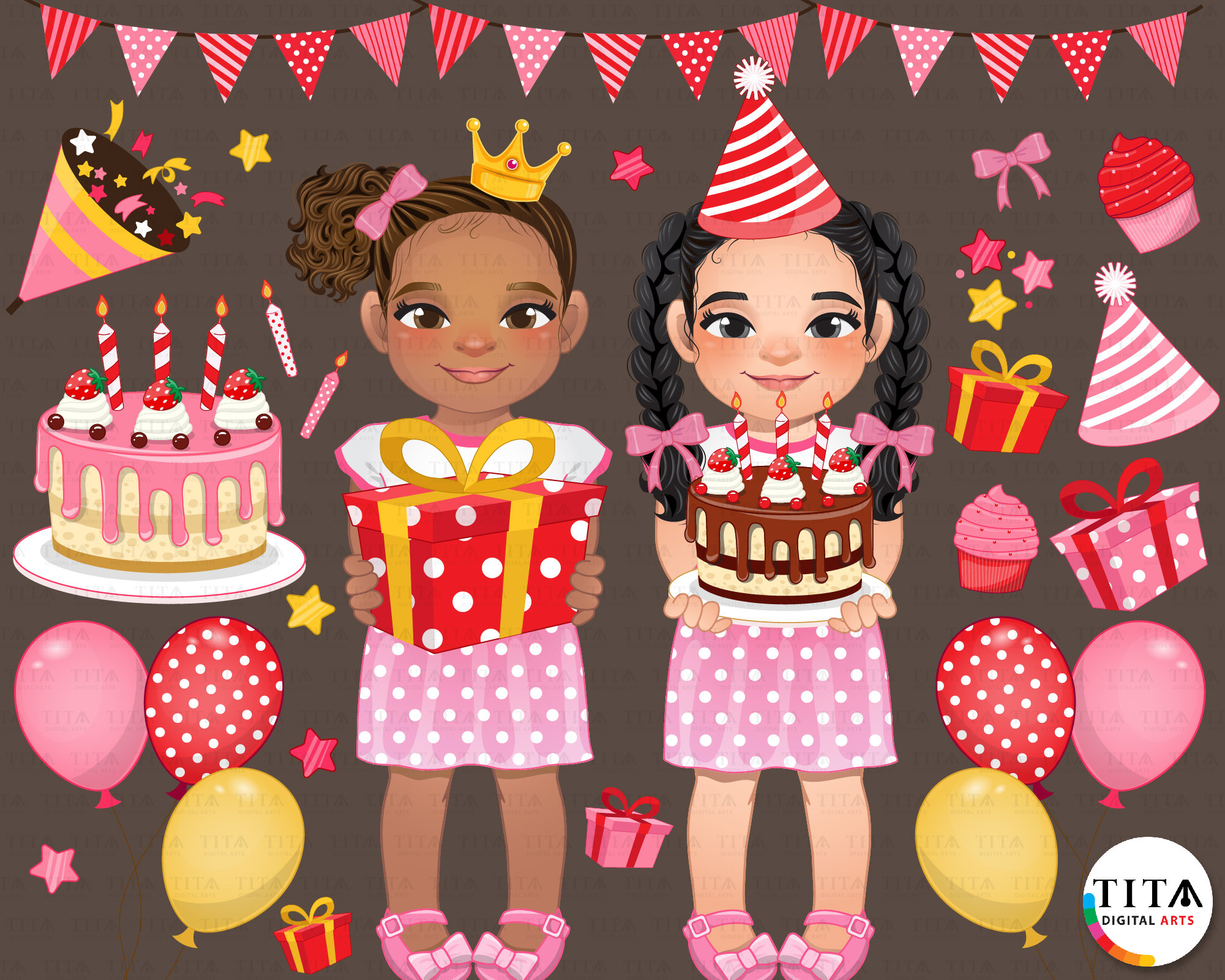 Birthday Party for Girls Clipart, Cute Girls Characters, Birthday Cake ...