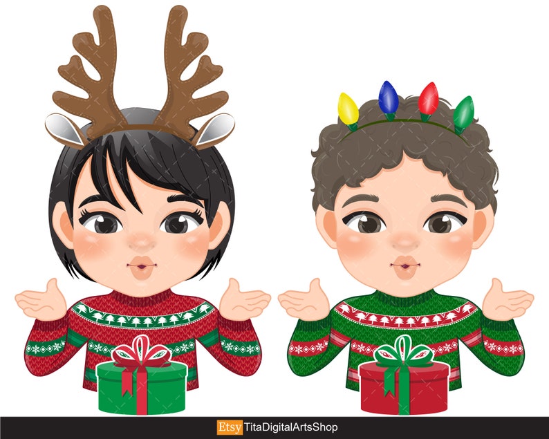 Christmas Kids Clipart, Christmas Best Friends, Excited Gift Boxes ...