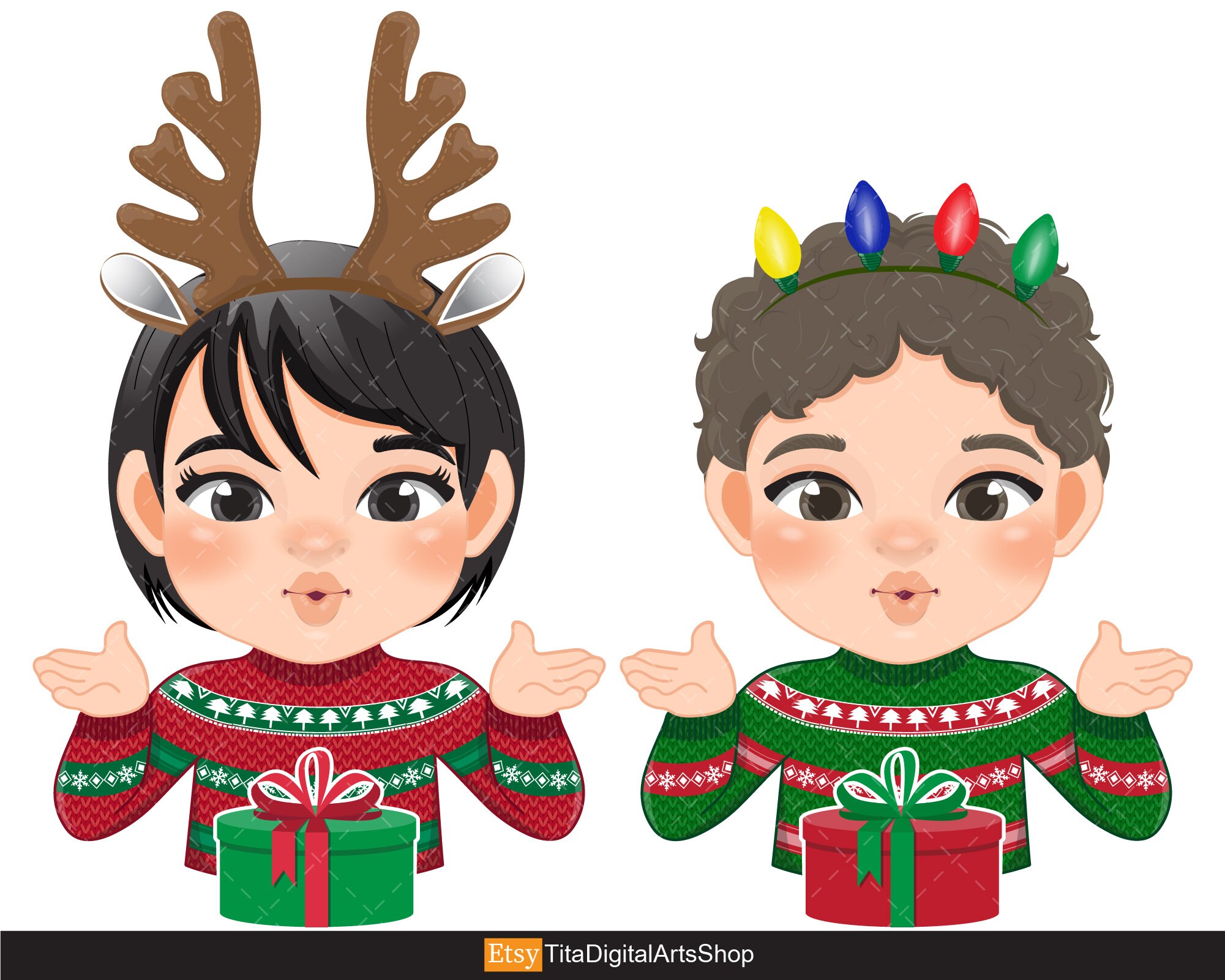 Christmas Kids Clipart, Christmas Best Friends, Excited Gift Boxes ...