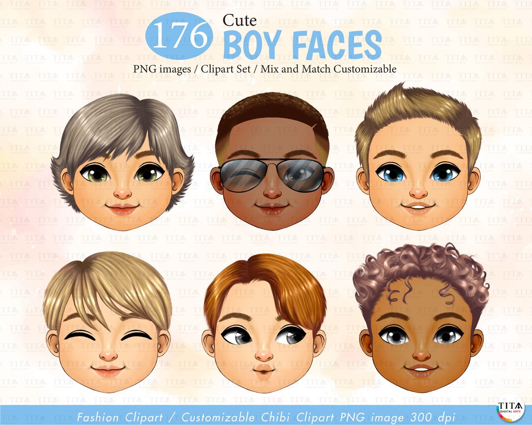 Cute Boy Faces Clipart, Cute Black Boy Faces Clipart, American African ...
