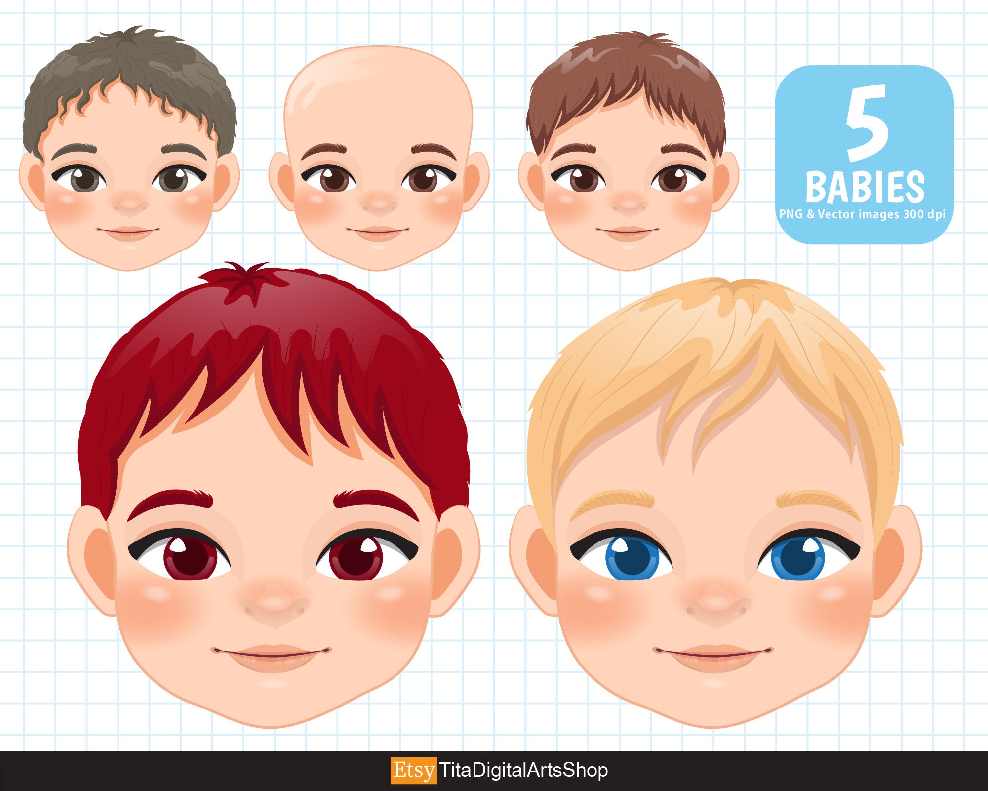 Cute Baby Boy Faces Clipart, Kids Faces Digital Clipart, Cute Kids ...