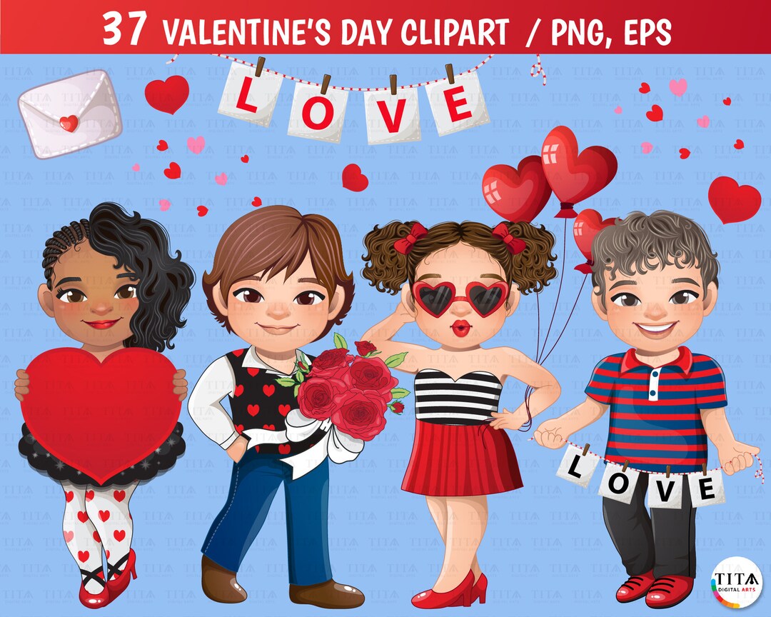 Valentine's Day Clipart, Valentine Kids Clipart, Boy and Girl, Love ...