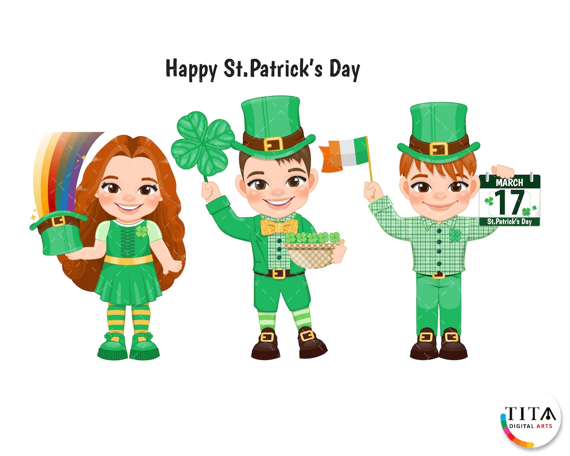 St. Patrick Day Clipart, Saint Patrick Costume Boy and Girl, Red-headed ...