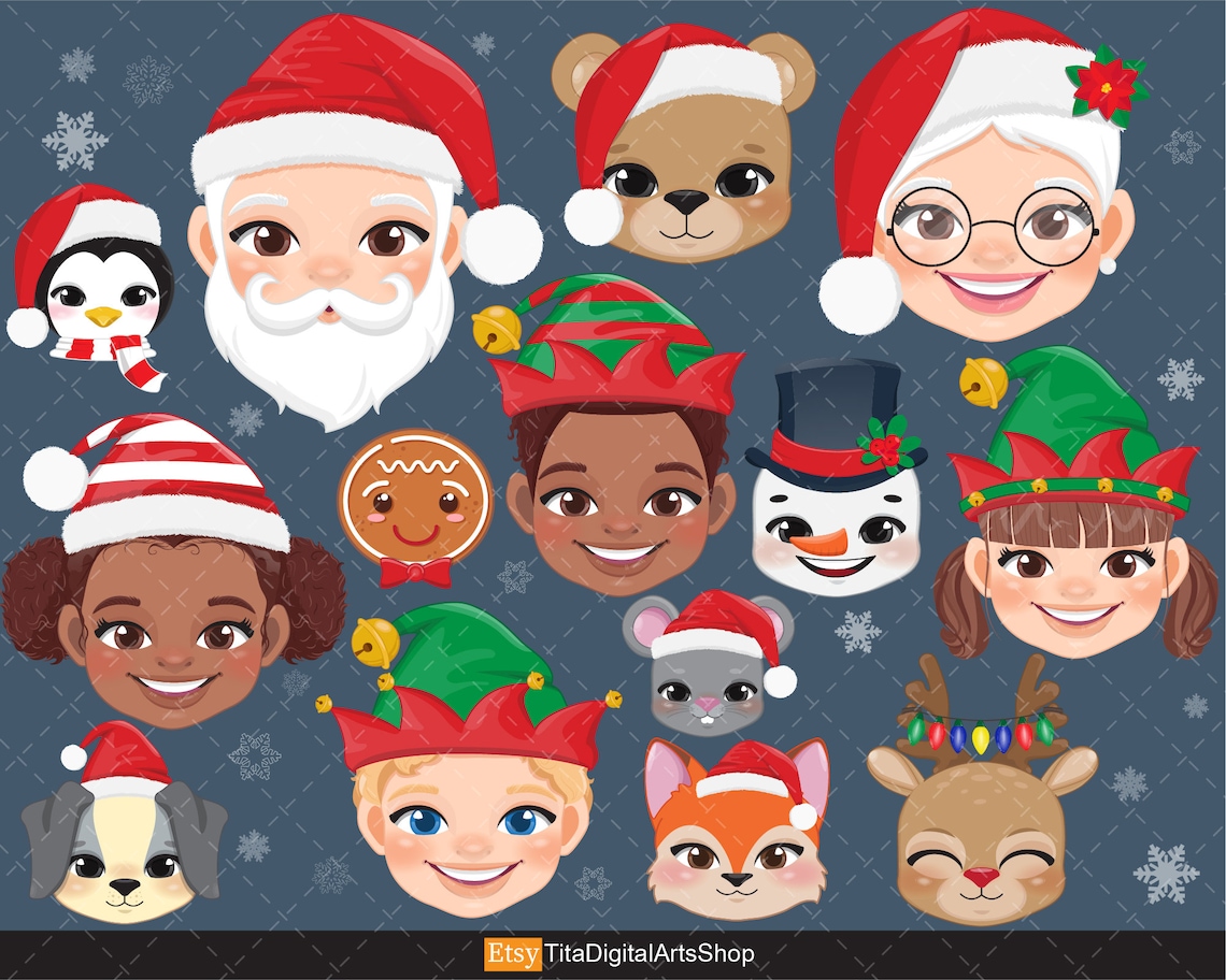 Christmas Faces Clipart, Christmas Clipart, Santa and Friends, Cute ...