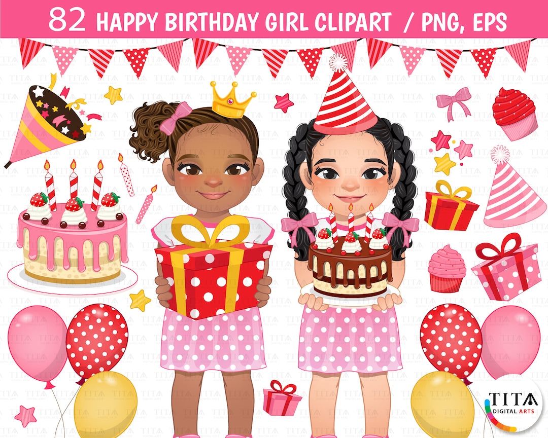 Birthday Party for Girls Clipart, Cute Girls Characters, Birthday Cake ...