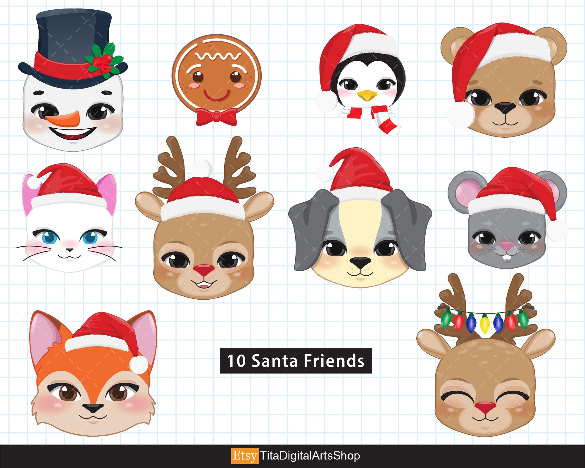 Christmas Faces Clipart, Christmas Clipart, Santa and Friends, Cute ...