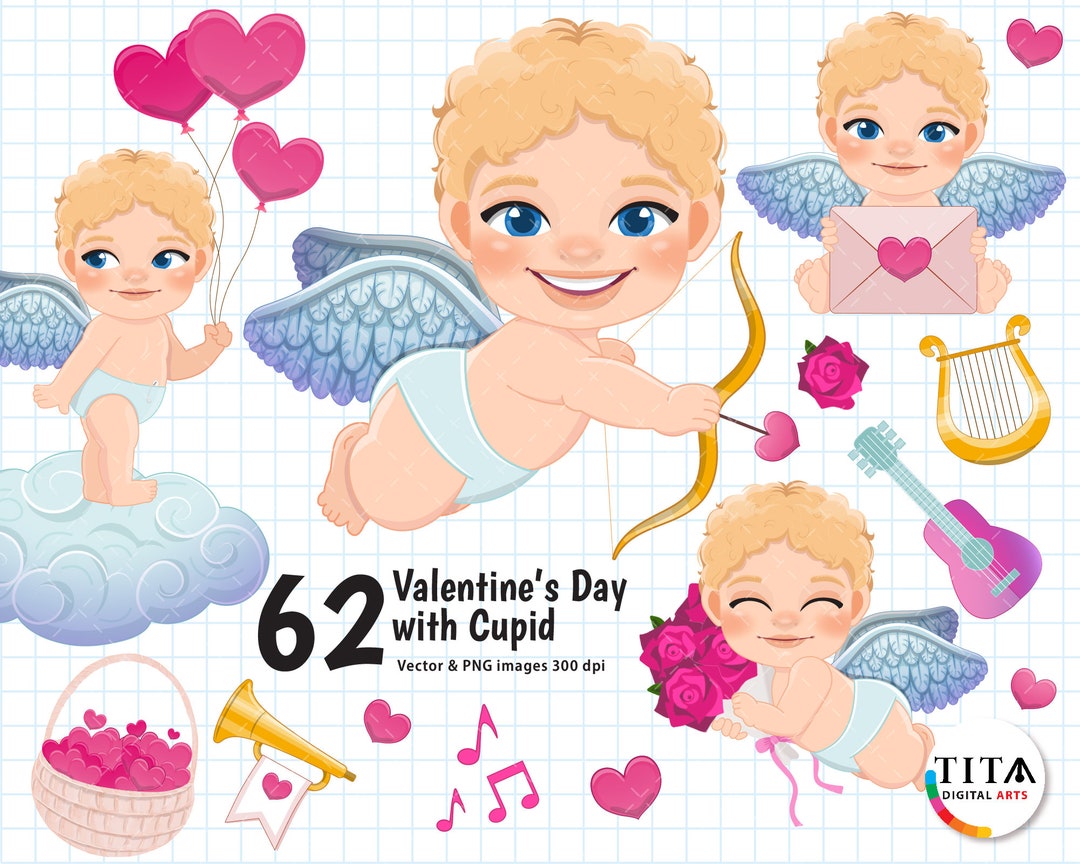 Valentine's Day Cupid Clipart, Valentines Day Love Clipart, Baby Angel Cupid Clipart, Cute Angel ...