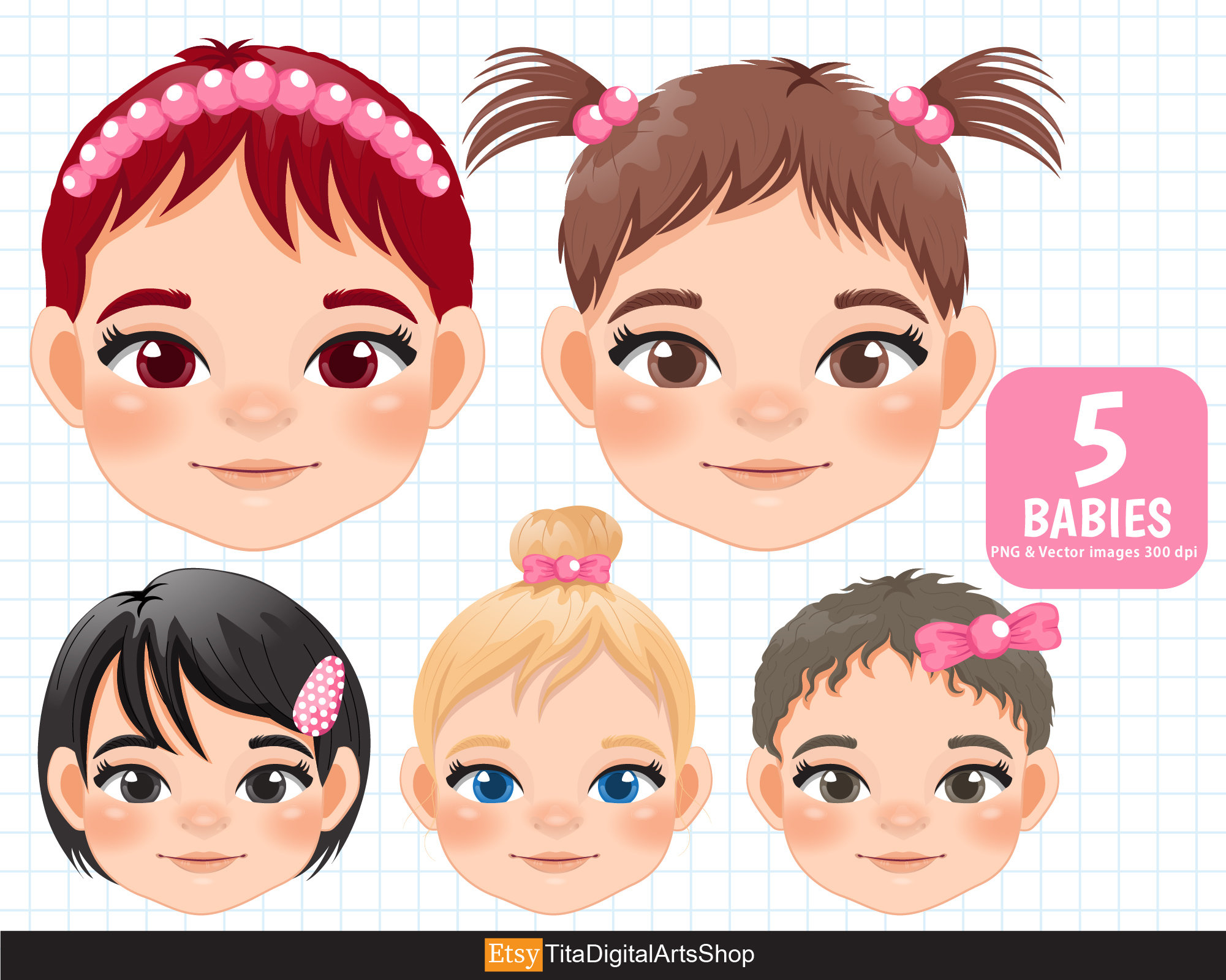 Cute Baby Girl Faces Clipart, Kids Faces Digital Clipart, Cute Kids ...