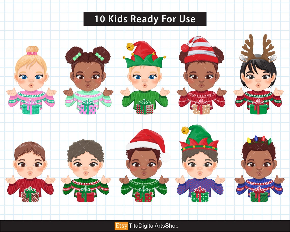 Christmas Kids Clipart, Christmas Best Friends, Excited Gift Boxes ...