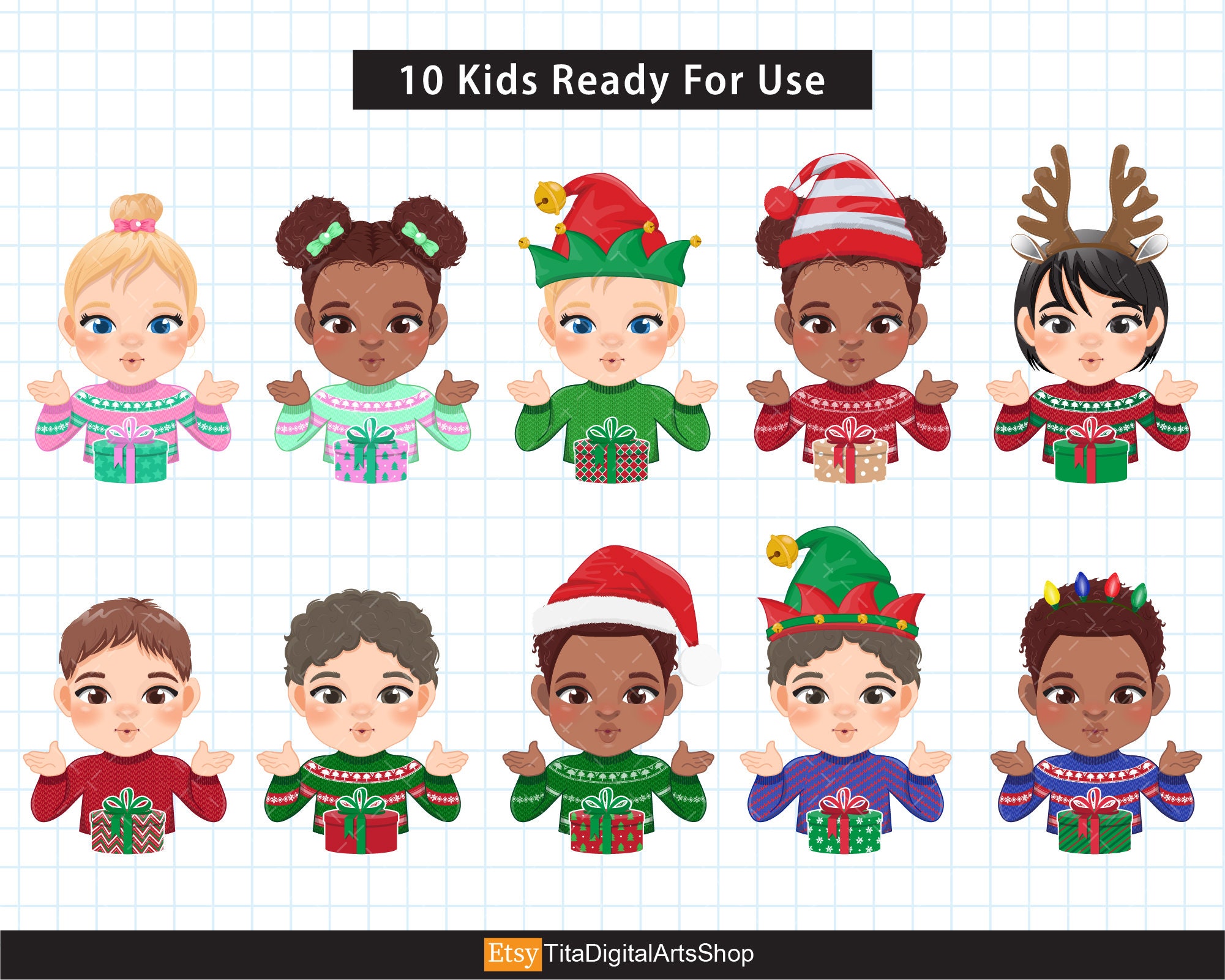 Christmas Kids Clipart, Christmas Best Friends, Excited Gift Boxes ...