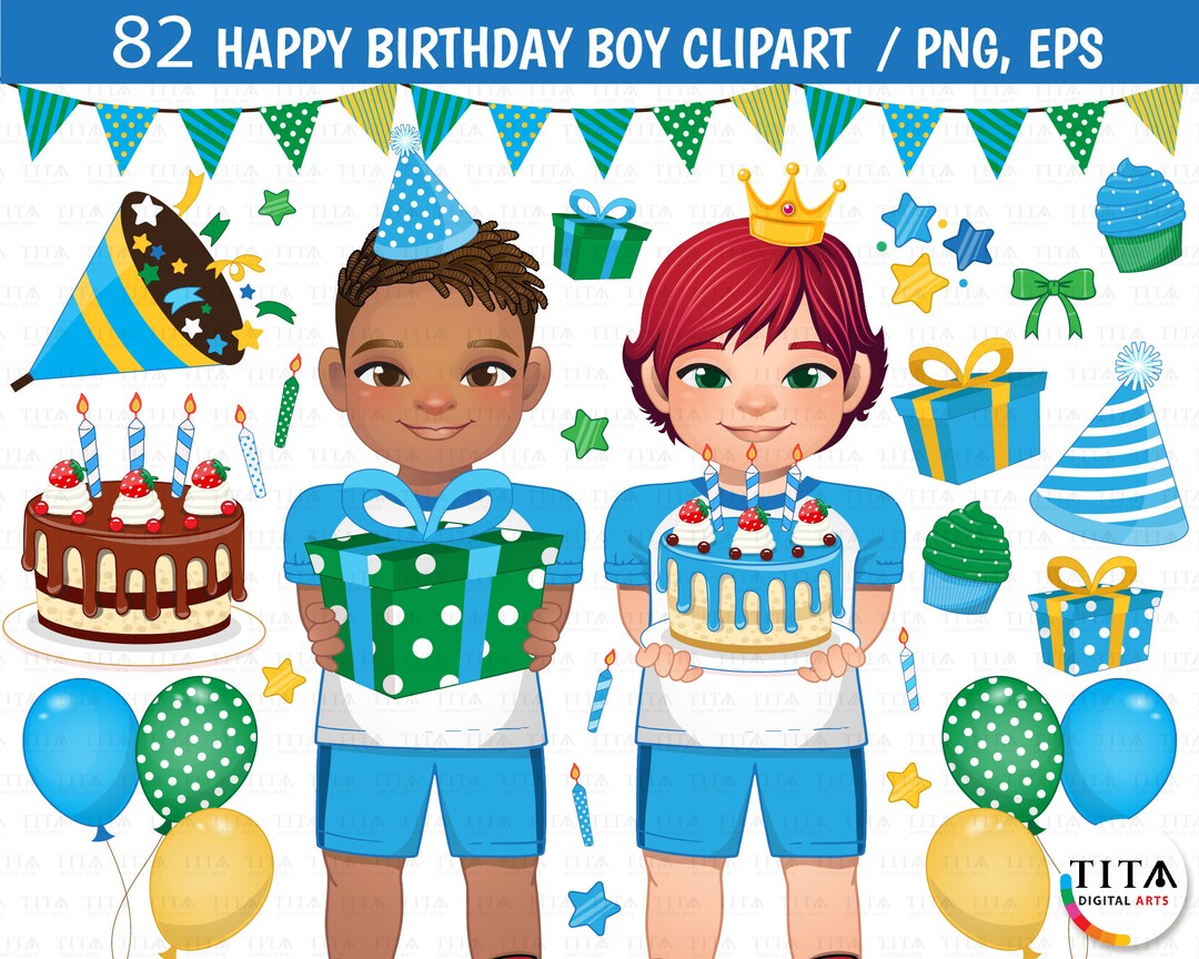 Birthday Party for Boys Clipart, Cute Boys Characters, Birthday Cake ...