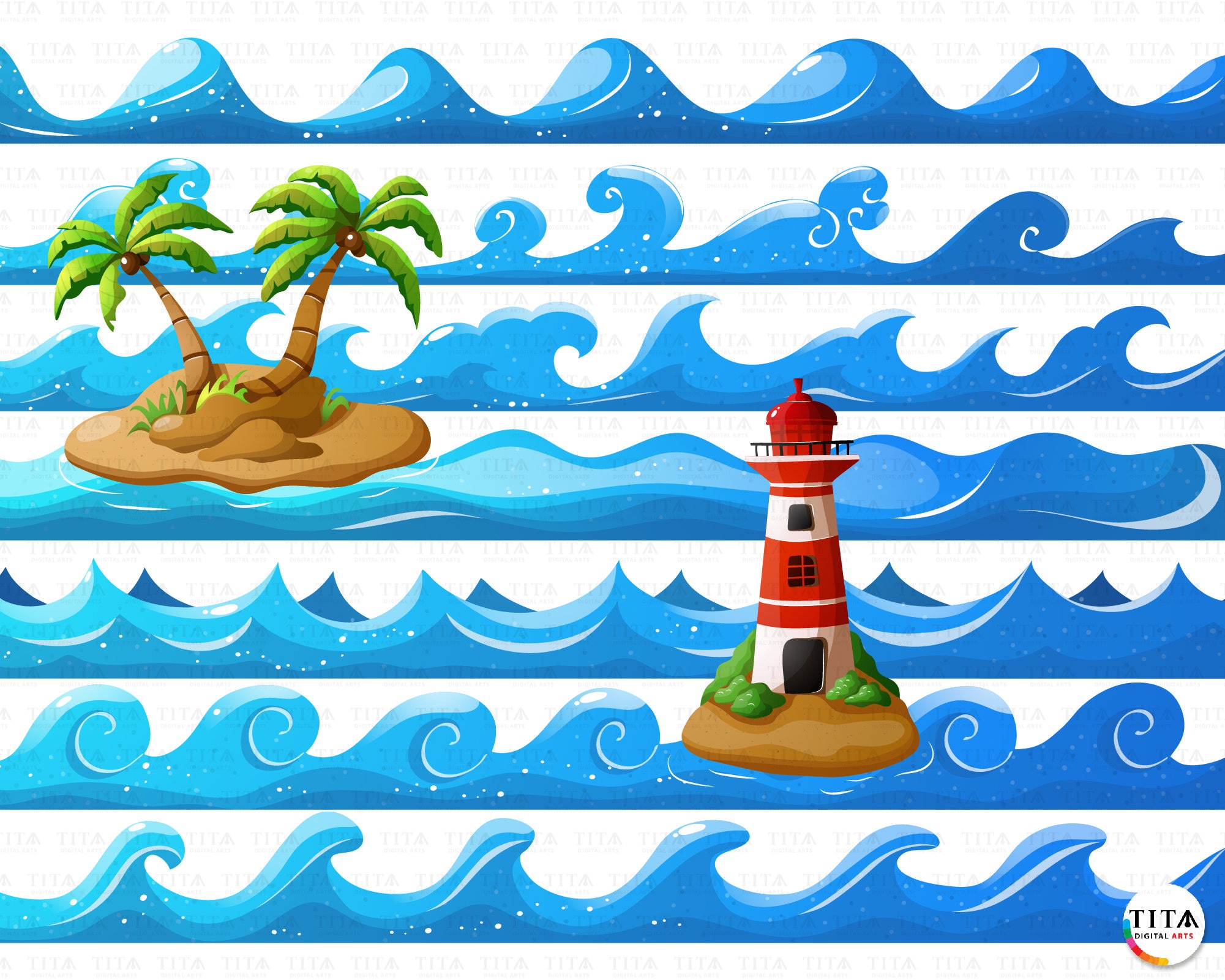 Wave Borders Clipart, Waves Clipart, Ocean Waves Clipart, Seamless ...