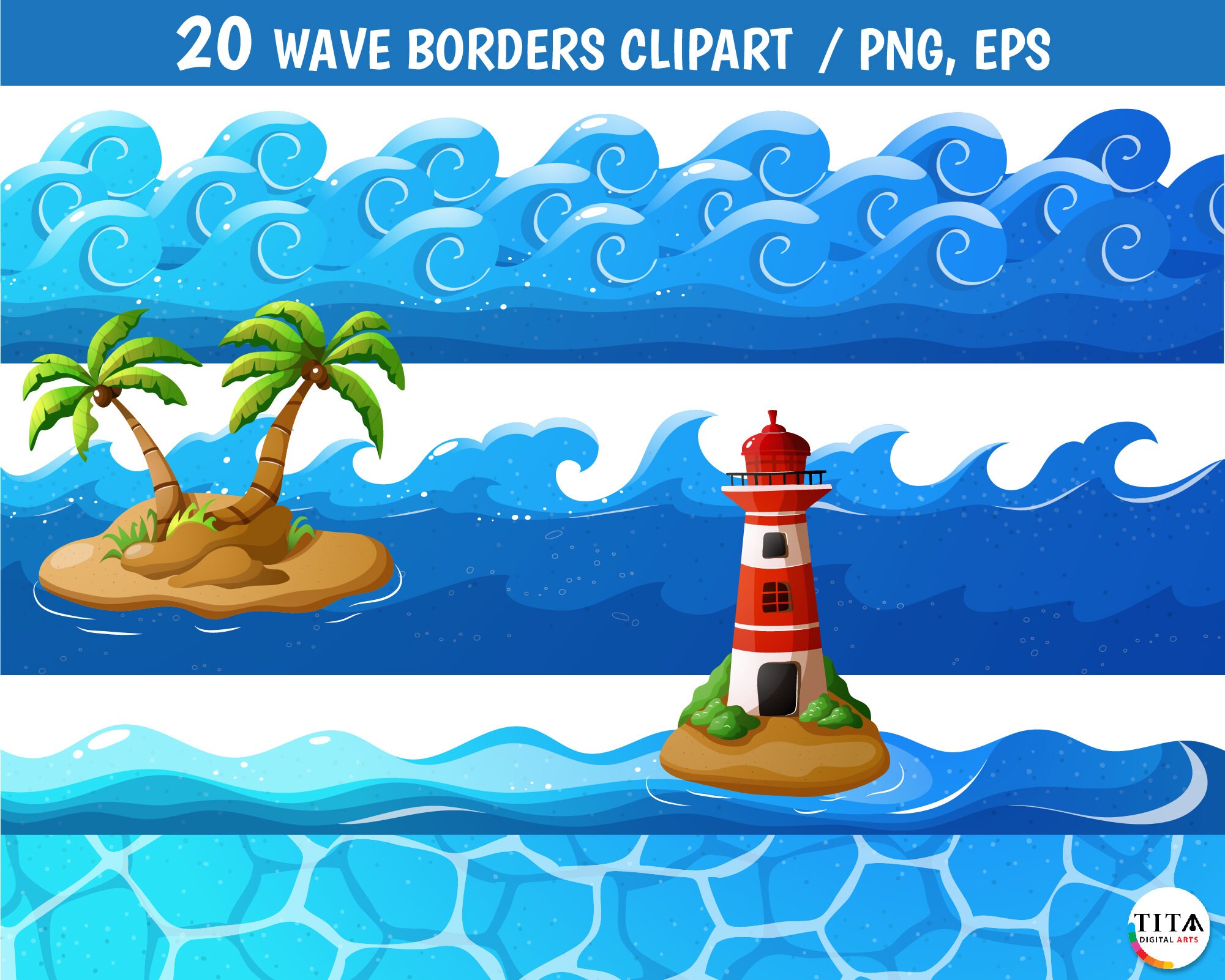Wave Borders Clipart, Waves Clipart, Ocean Waves Clipart, Seamless ...