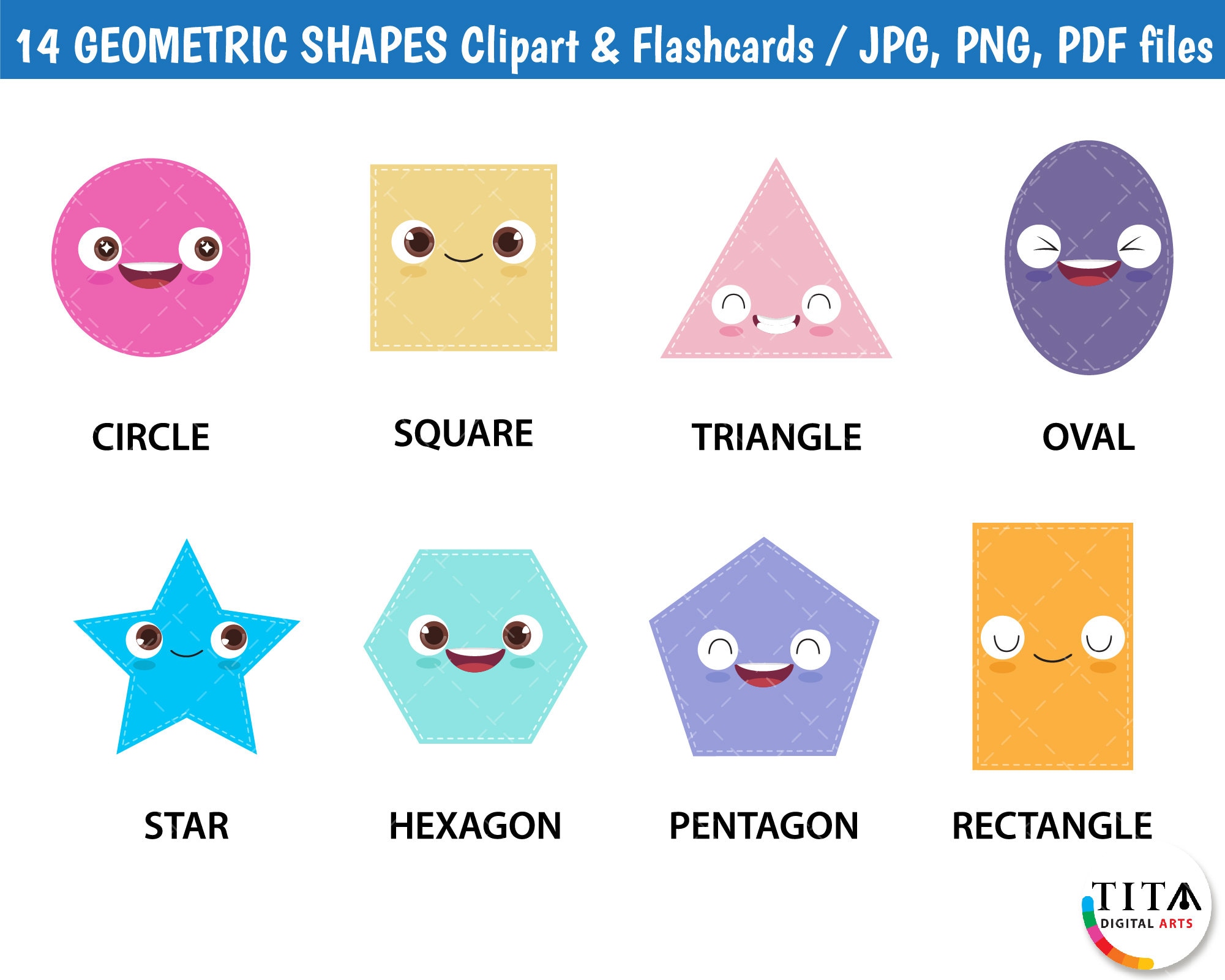 Geometric Shapes Clipart, Basic Shapes Flashcards, Kawaii Shapes ...