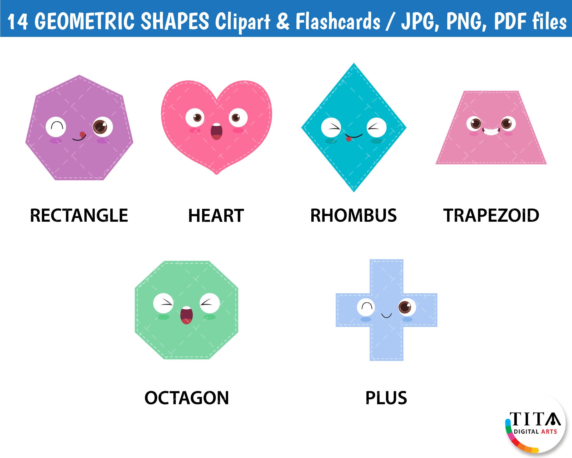Geometric Shapes Clipart, Basic Shapes Flashcards, Kawaii Shapes ...