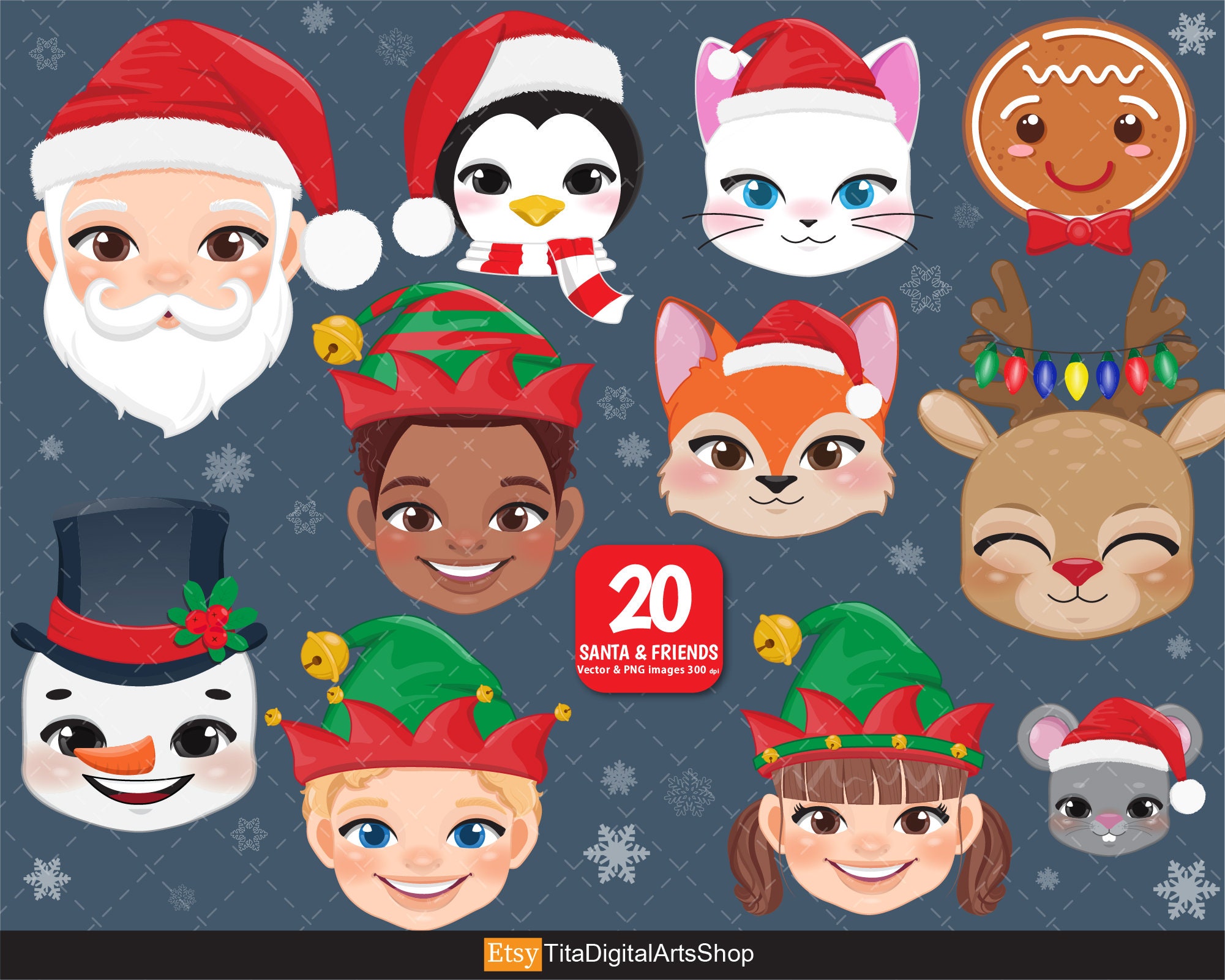 Christmas Faces Clipart, Christmas Clipart, Santa and Friends, Cute ...