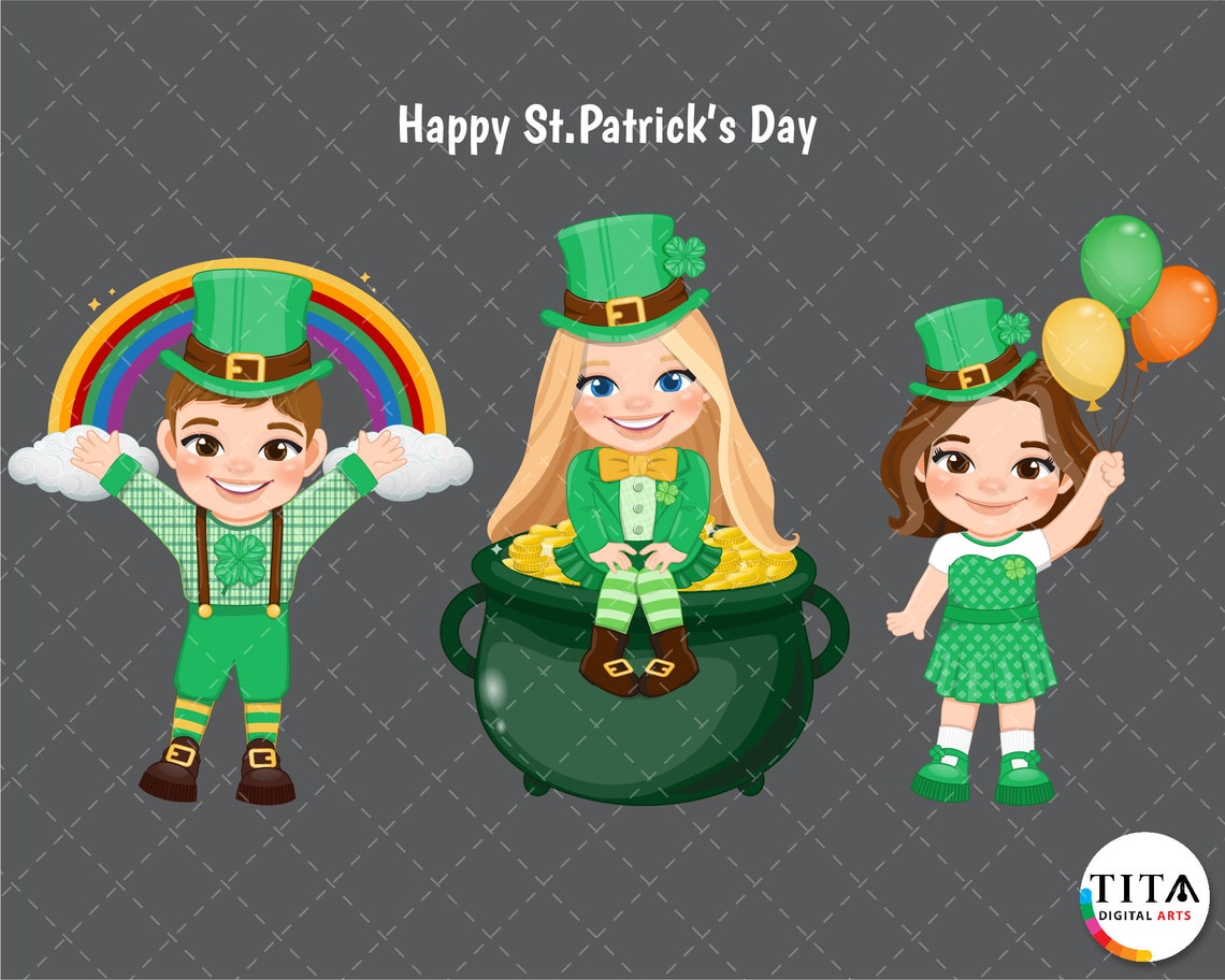 St. Patrick Day Clipart, Saint Patrick Costume Boy and Girl, Red-headed ...