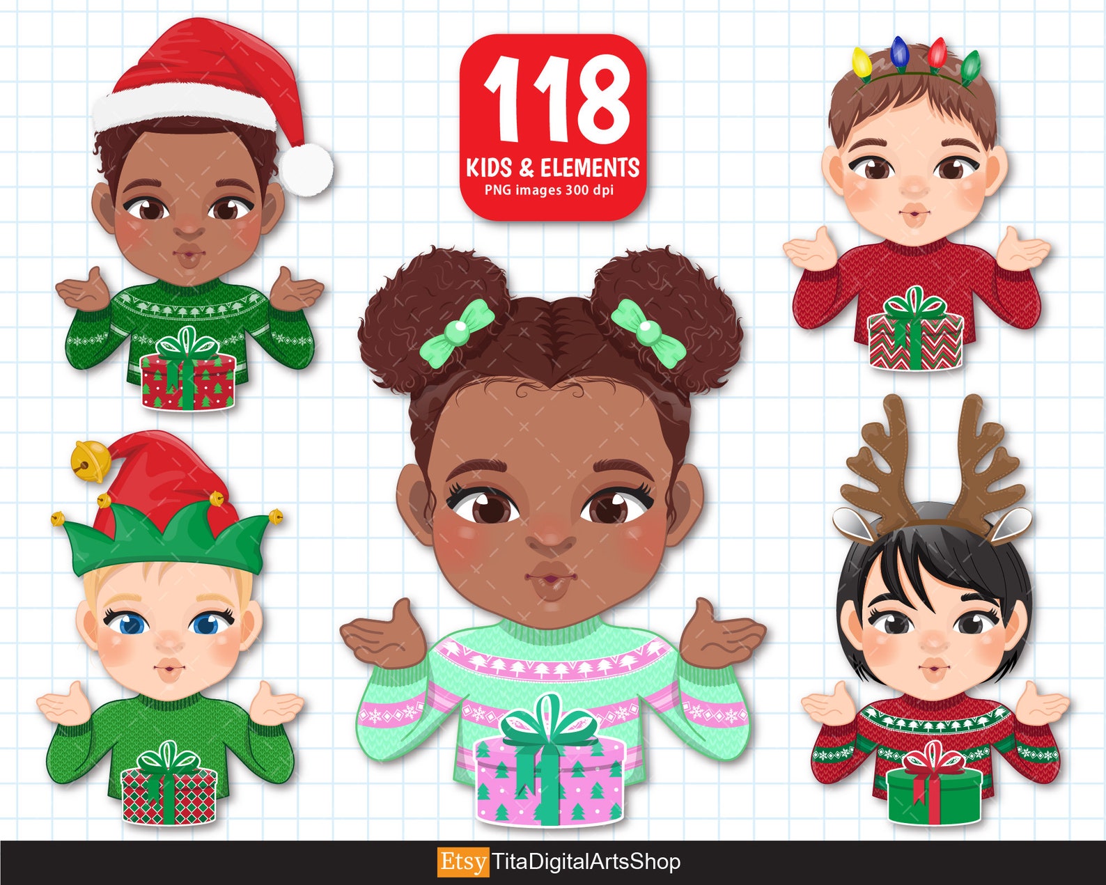 Christmas Kids Clipart, Christmas Best Friends, Excited Gift Boxes ...