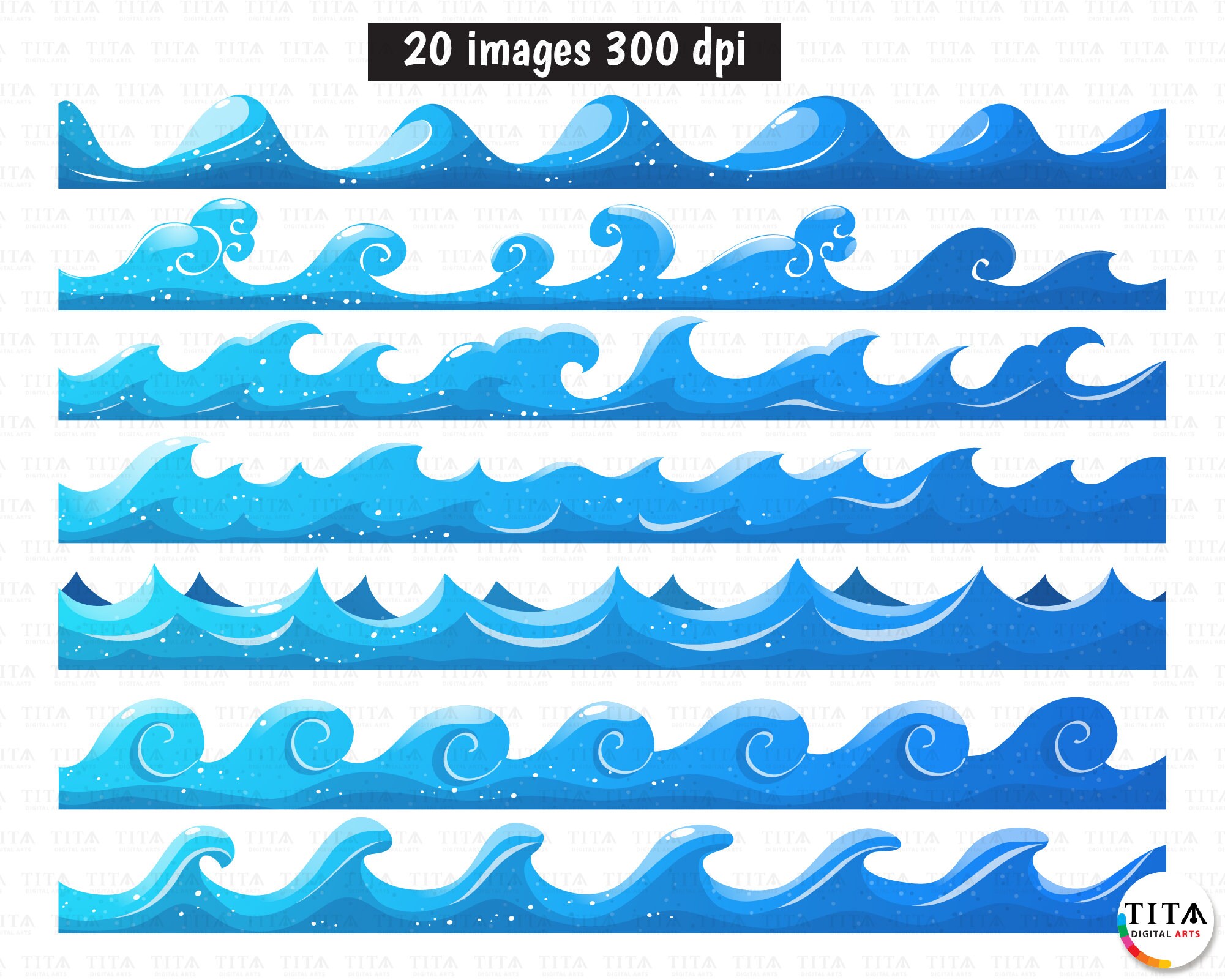 Wave Borders Clipart, Waves Clipart, Ocean Waves Clipart, Seamless ...