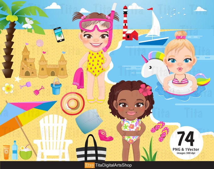 Girls at the Beach Clipart - Clip Art and Digital paper set - Digital ...