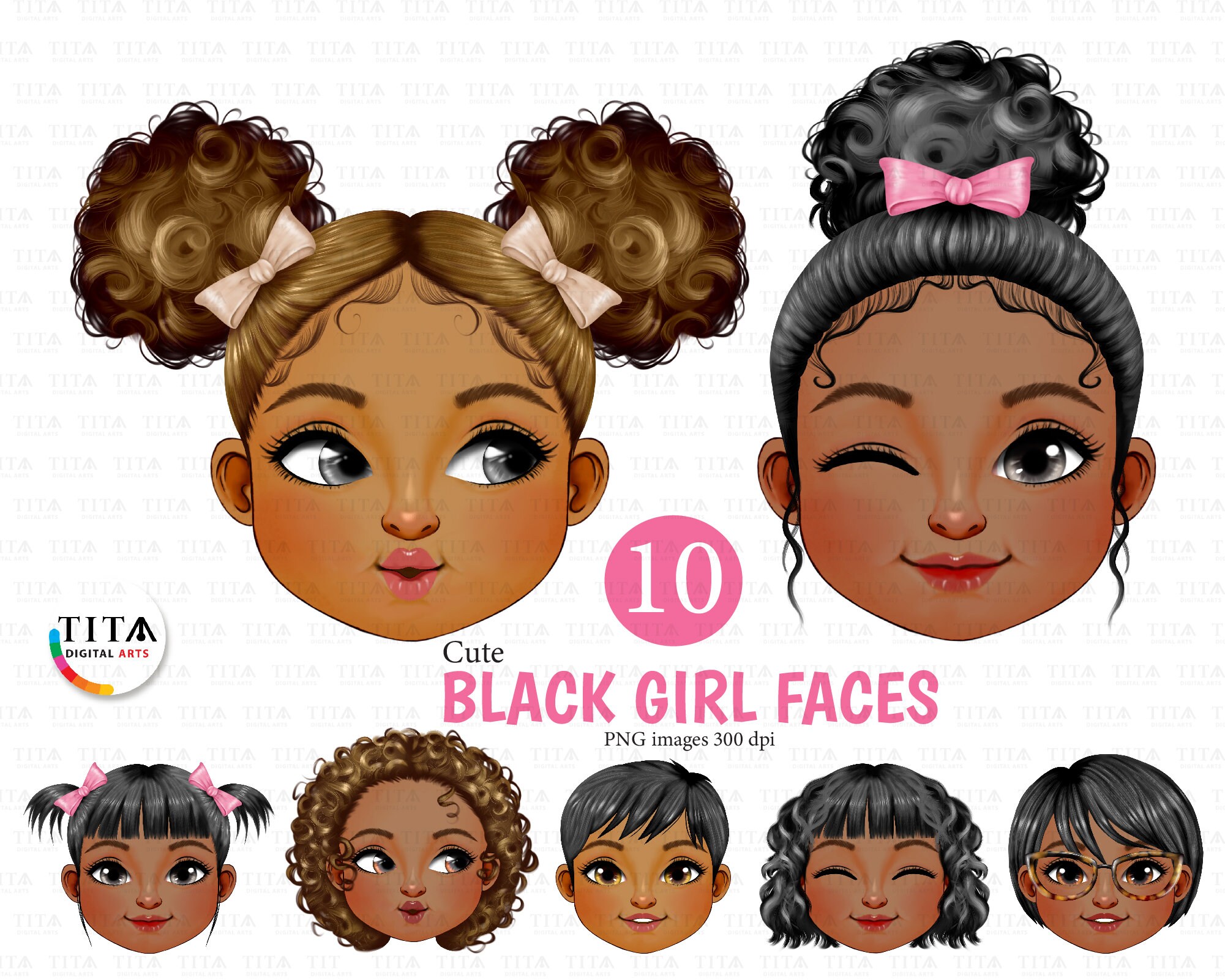 Cute Black Girl Faces Clipart, American African Kids Faces Digital ...