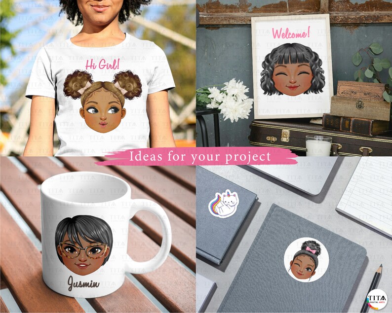 Cute Black Girl Faces Clipart, American African Kids Faces Digital ...