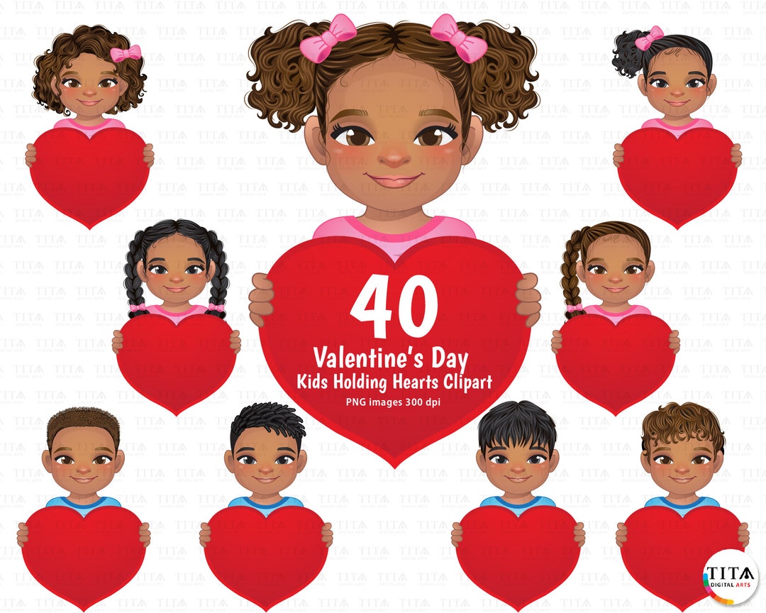 Black Kids Holding Hearts Clipart, Valentine's Day Clipart, Cute ...