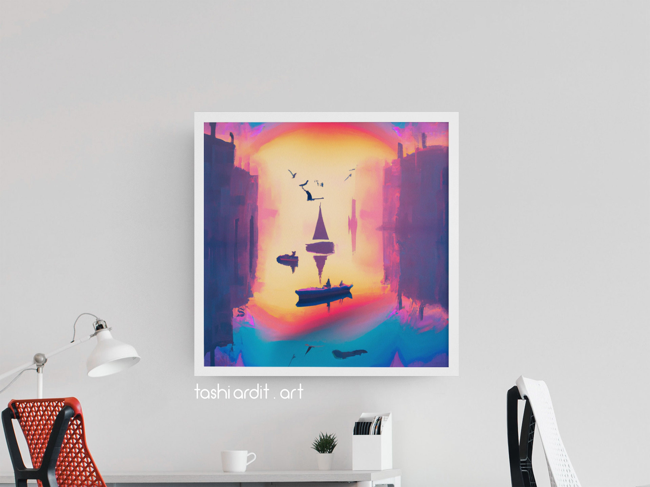 A Synthwave Sunset Wall Art Painting With Boats Reflecting on Water, A ...