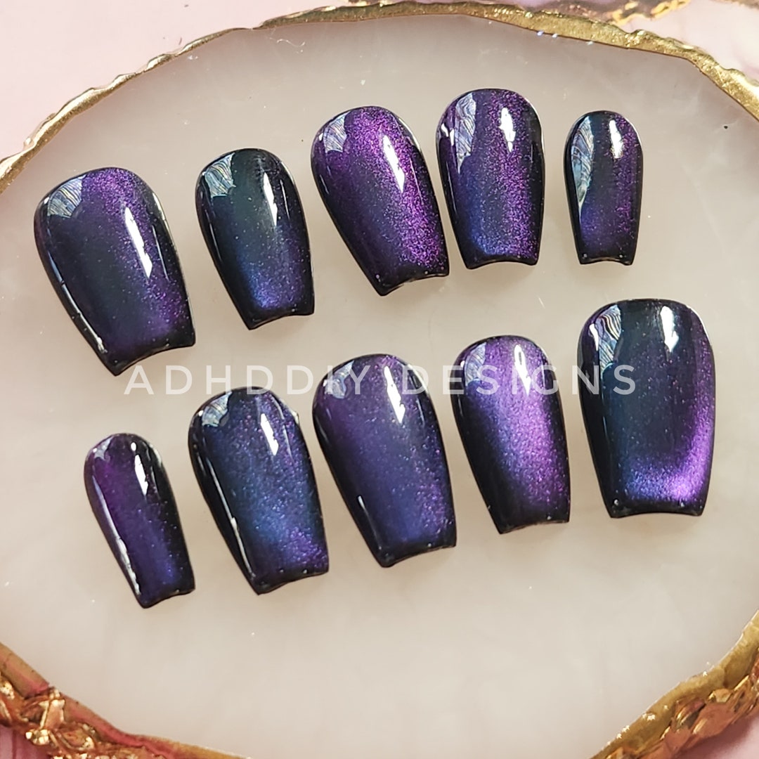 15 Pc Peacock Blue Purple Color Shift Cat Eye Custom Press on Nails - Etsy