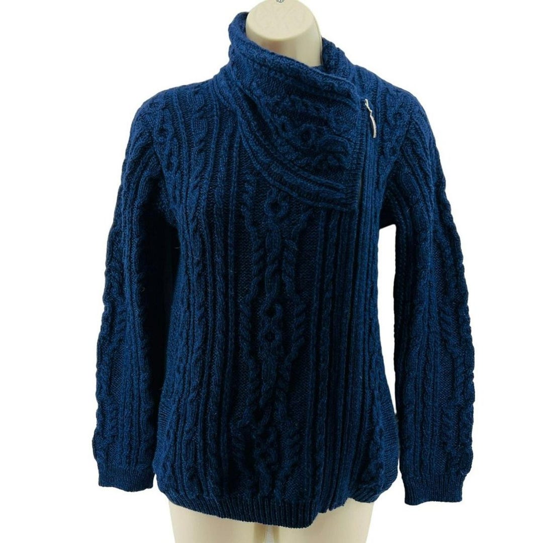 Original Aran Co Royal Blue Cable Knit Side Zip Cardigan Womens Xsmall ...