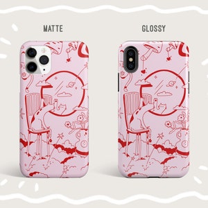 Cute Retro Doodle iPhone Case, Kawaii Cat Illustration Phone Cover ...