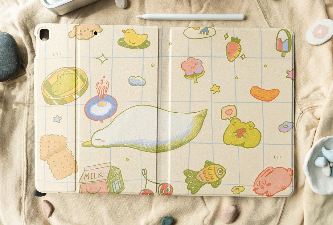 Cute Kawaii Doodle Duck Froggies Art iPad Case With Pencil Holder for ...