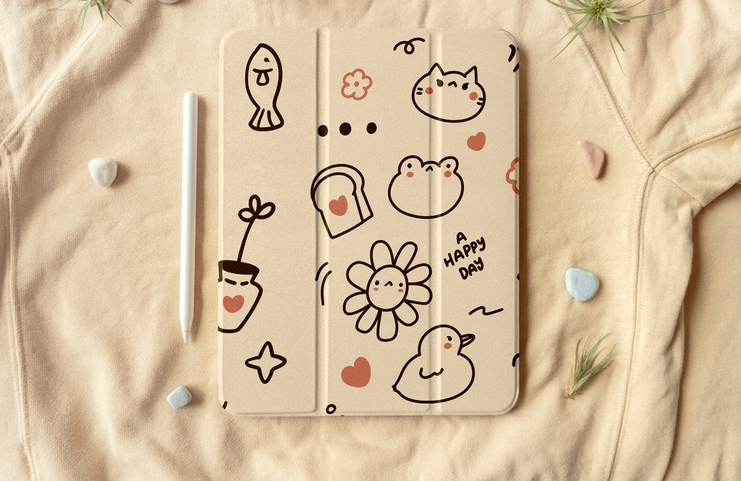 Kawaii Doodle Art Foldable iPad Case With Pen Slot, Flip iPad 10.2"/10 ...