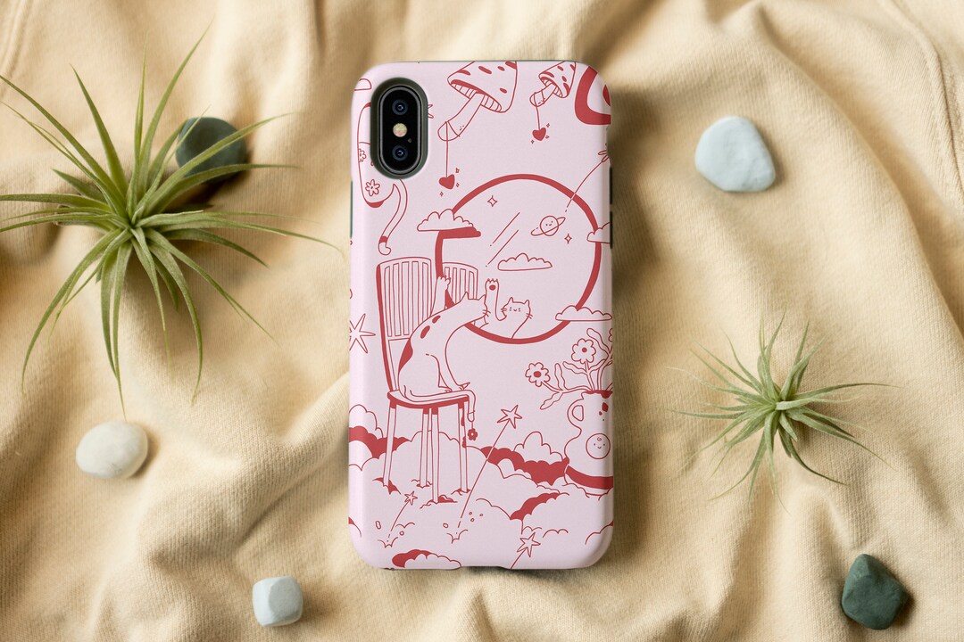 Cute Retro Doodle iPhone Case, Kawaii Cat Illustration Phone Cover ...