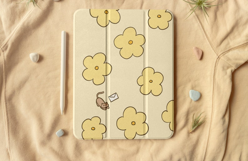 Cute Cat Pastel Yellow Foldable Ipad Case With Pen Slot Flip - Etsy