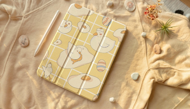 Kawaii Duck and Egg Foldable Flip iPad Case With Pen Slot, Cute Flip ...